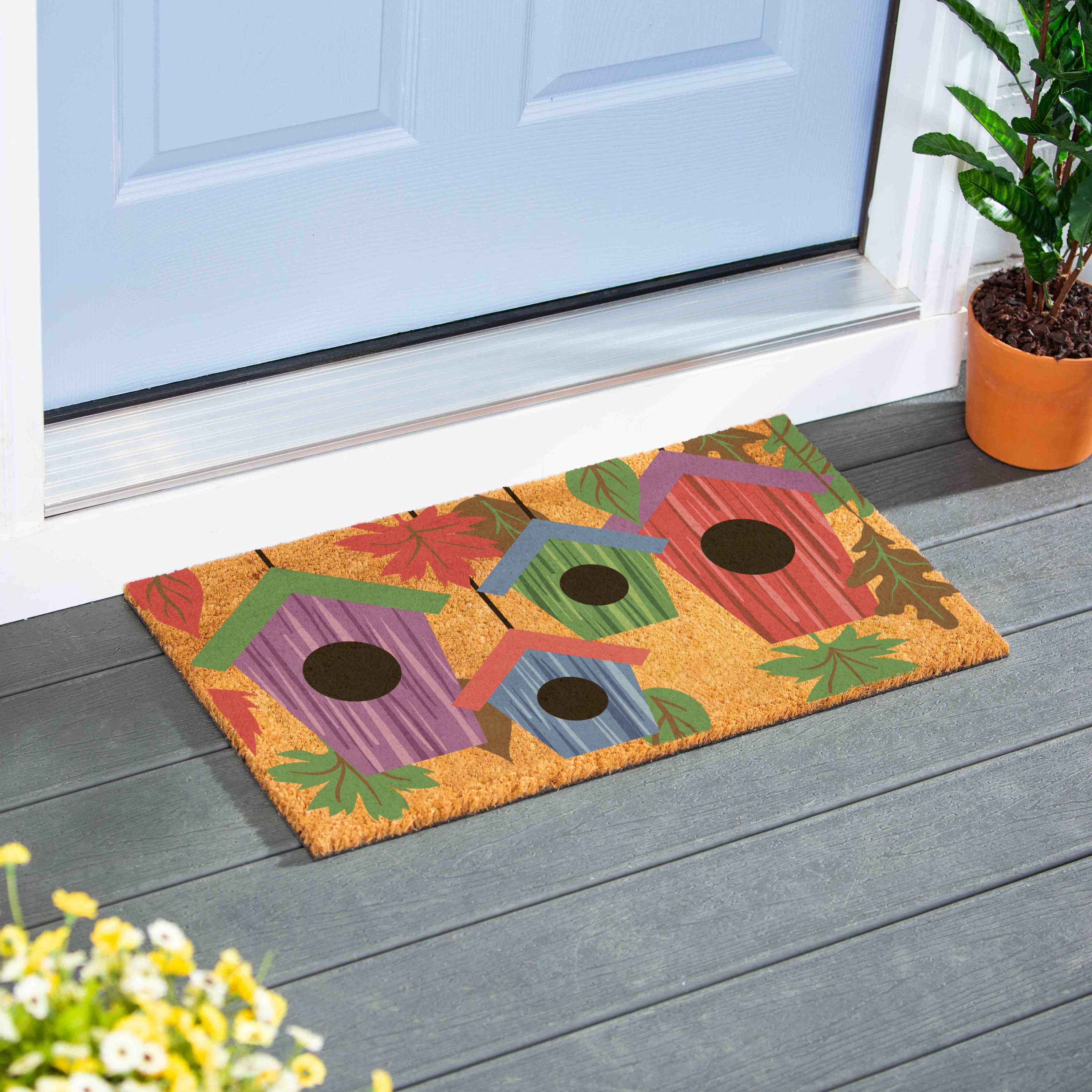 Ophelia & Co. Flock Of Bird Houses 28x16 Coir Mat | Wayfair