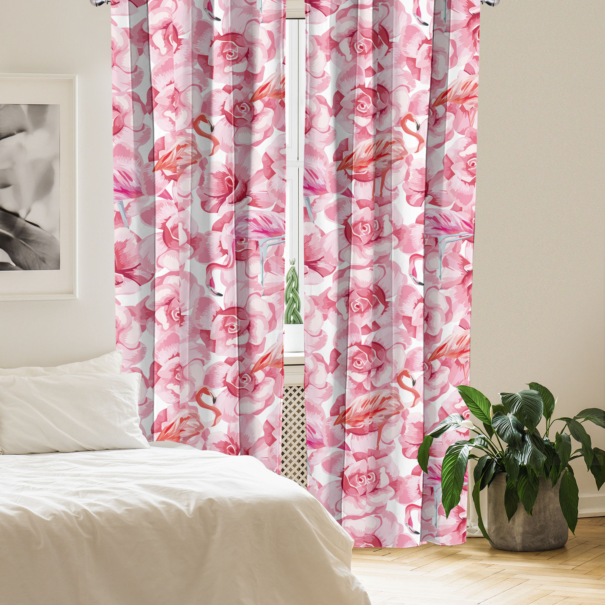 East Urban Home Roses and Flamingos Curtains Pink Blooms Pair of Pink ...