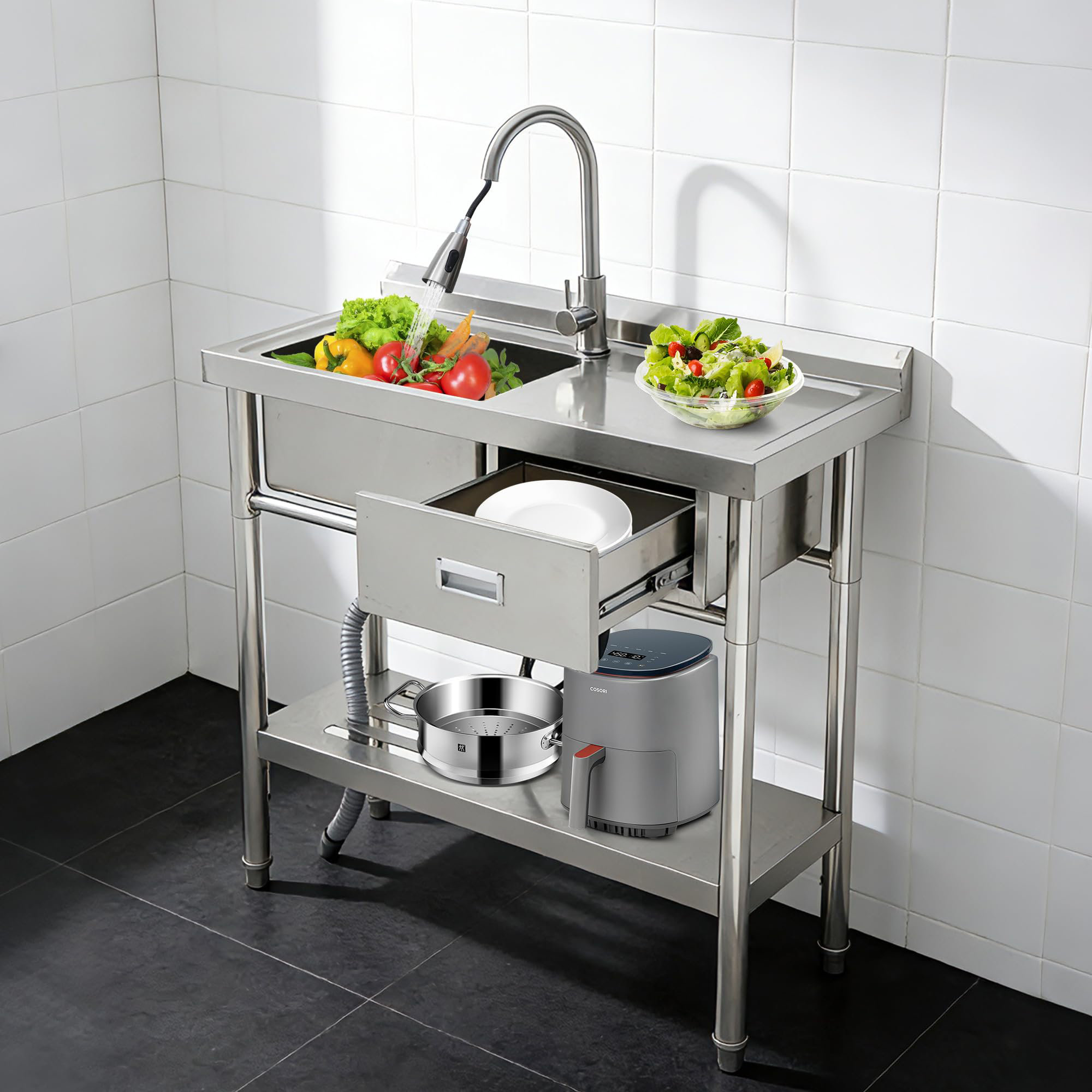 LumiParty 39" Freestanding Stainless Steel Utility Sink with Workbench ...