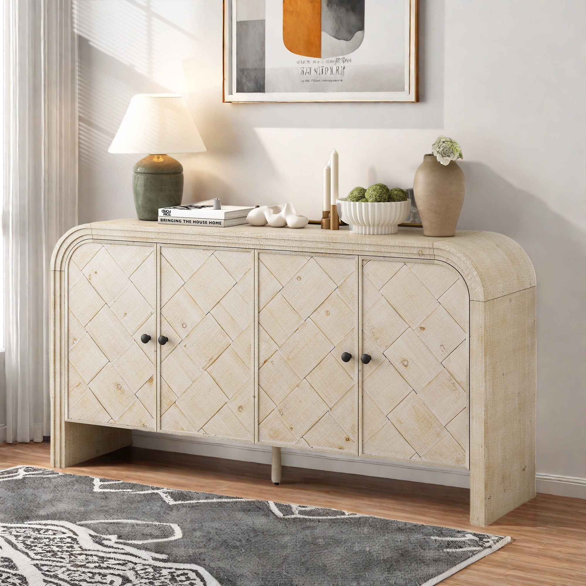 Ebern Designs Multi-functional Sideboard With Handwoven Wood Slat Doors, Tiered Stepped Design ...
