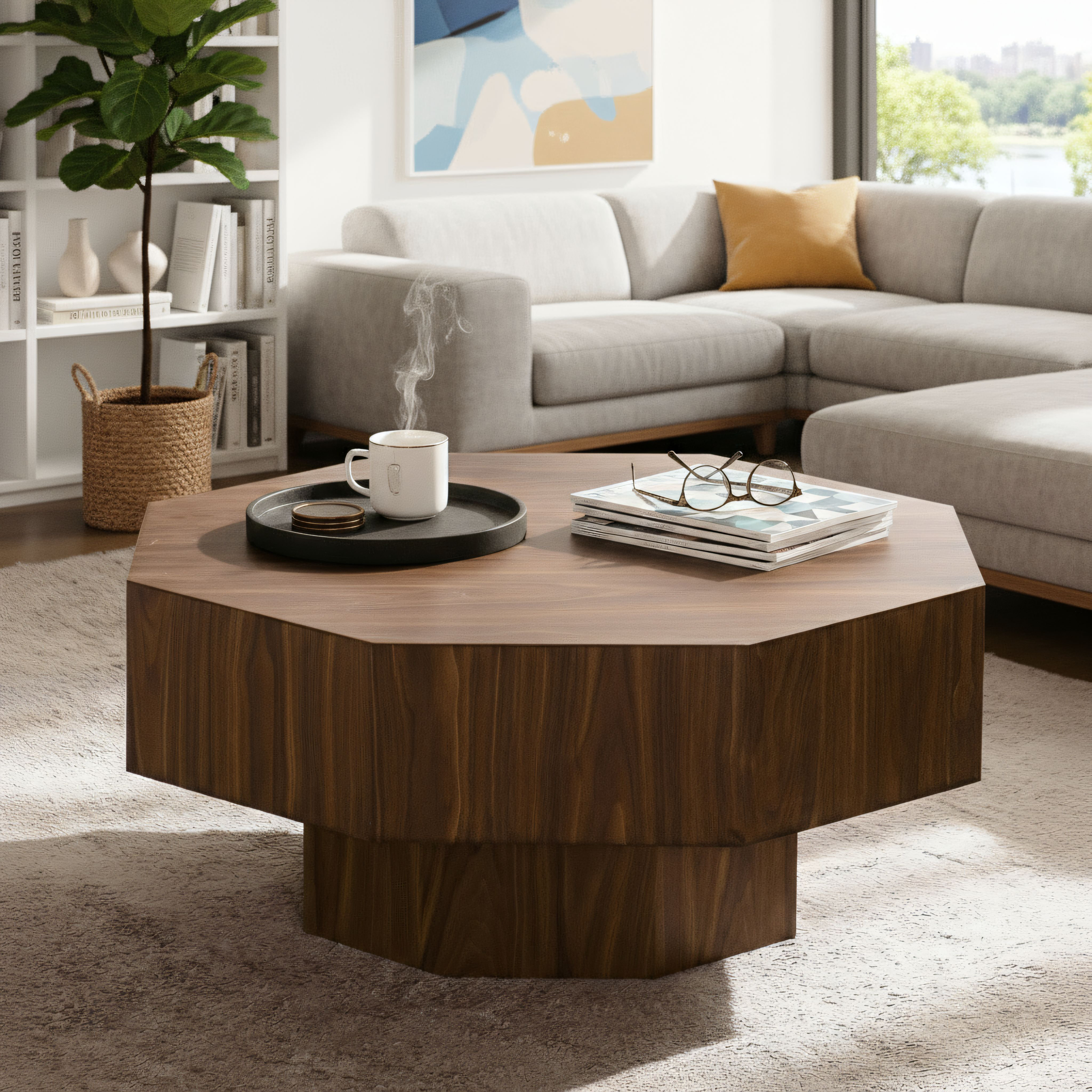Mercer41 Warm Walnut Octagonal Coffee Table, Versatile For Living Rooms ...