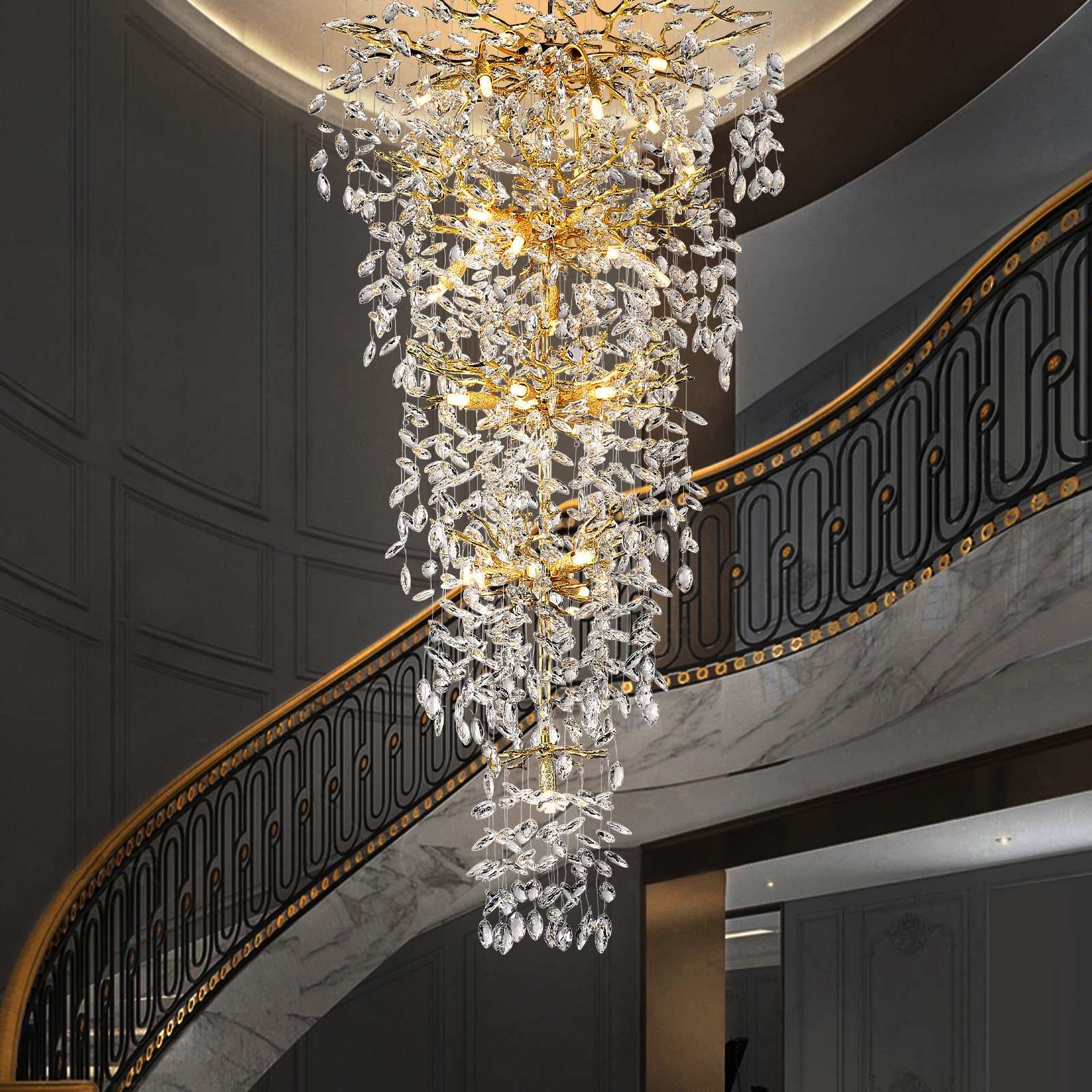 Everly Quinn H118'' 28-lights Modern Golden Tree Branch Crystal ...