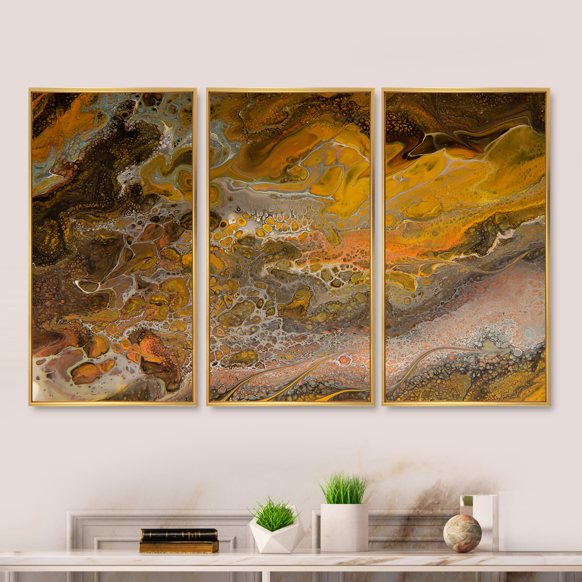 Mercer41 Orange orange, marbre noir et gris - ensemble d'art mural sur toile moderne encadré de ...