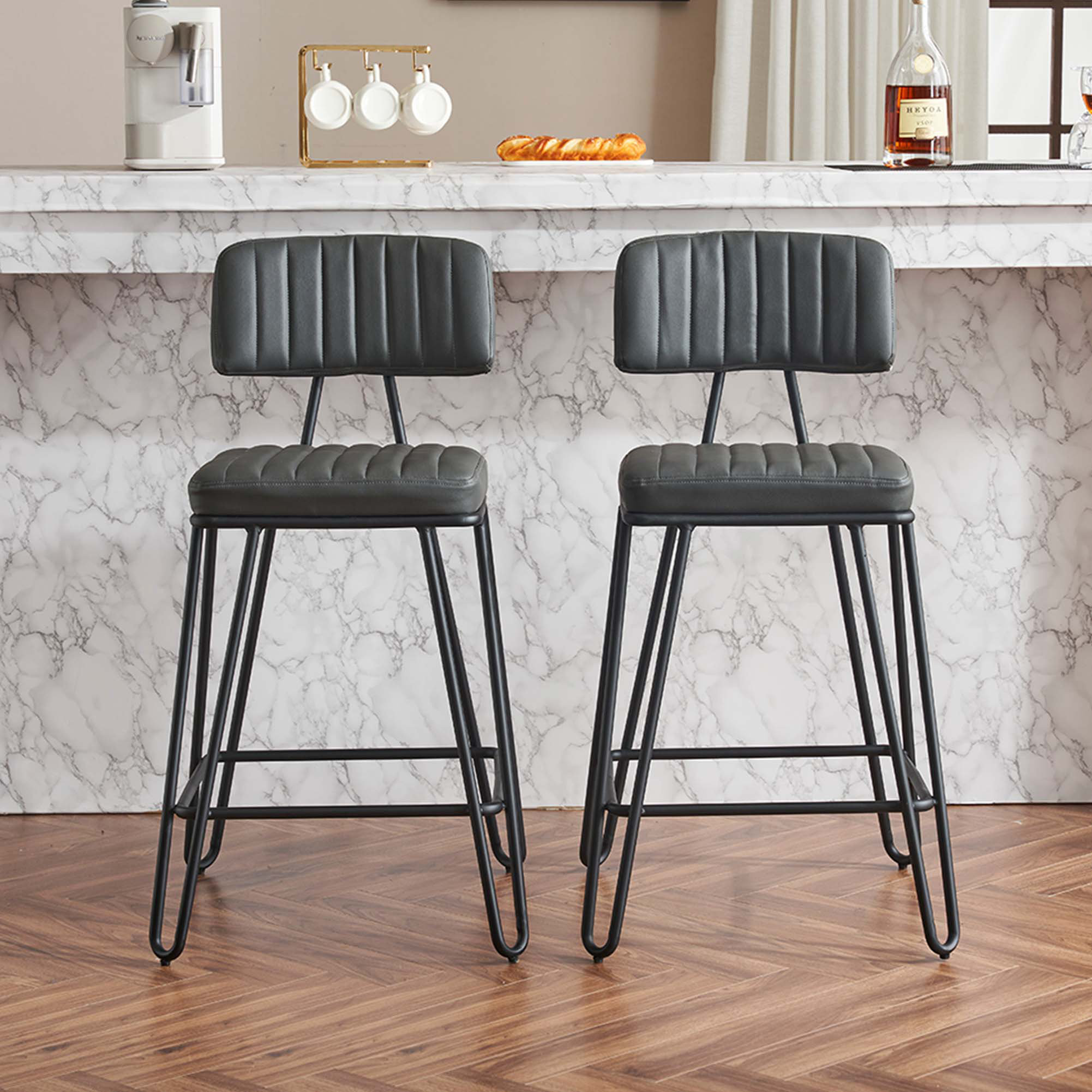 17 Stories Industrial Bar Stools Set Of 2,Chairs With PU Leather ...