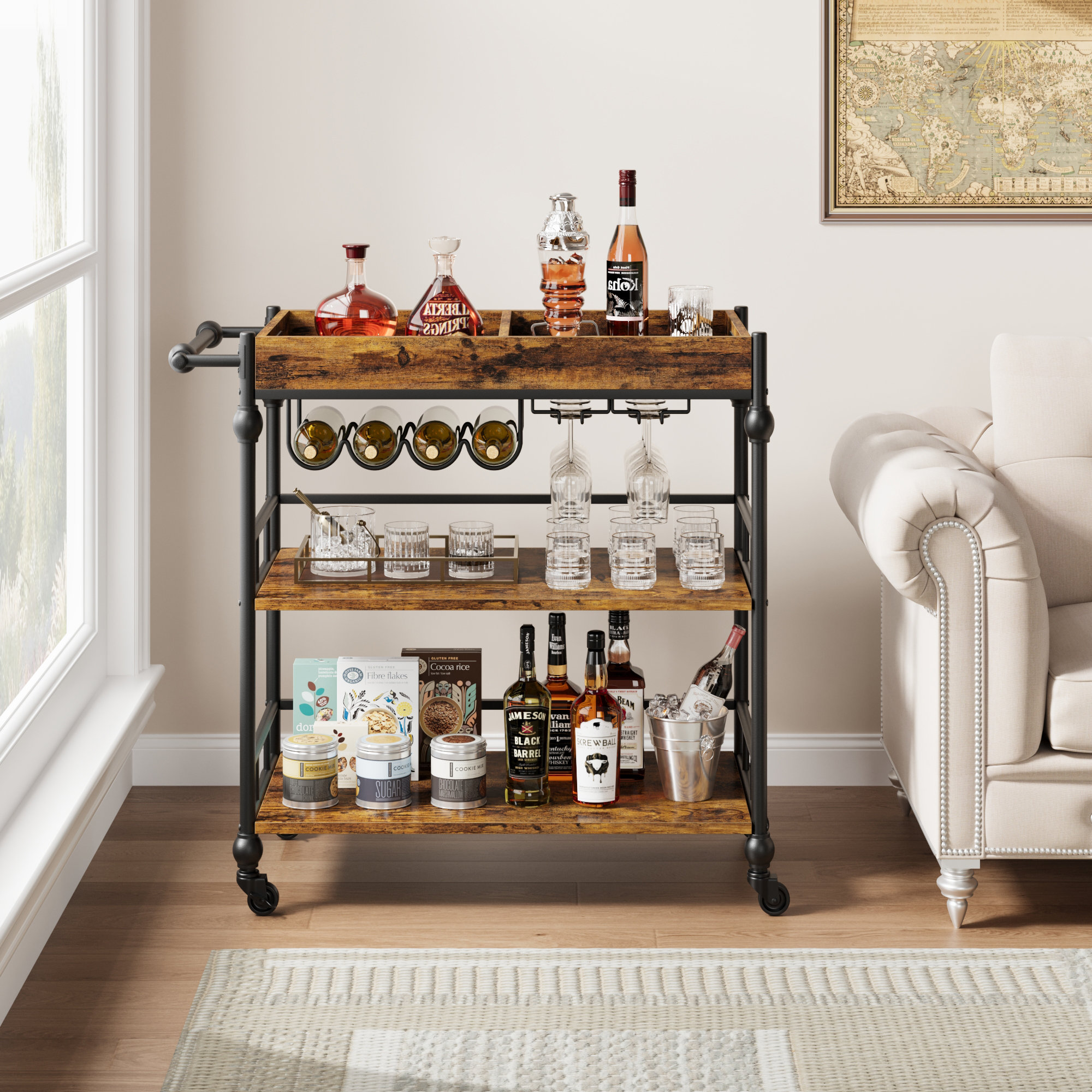 17 Stories Bar Cart, 3-Tier Serving Cart with Wheels,Metal Rolling Cart ...