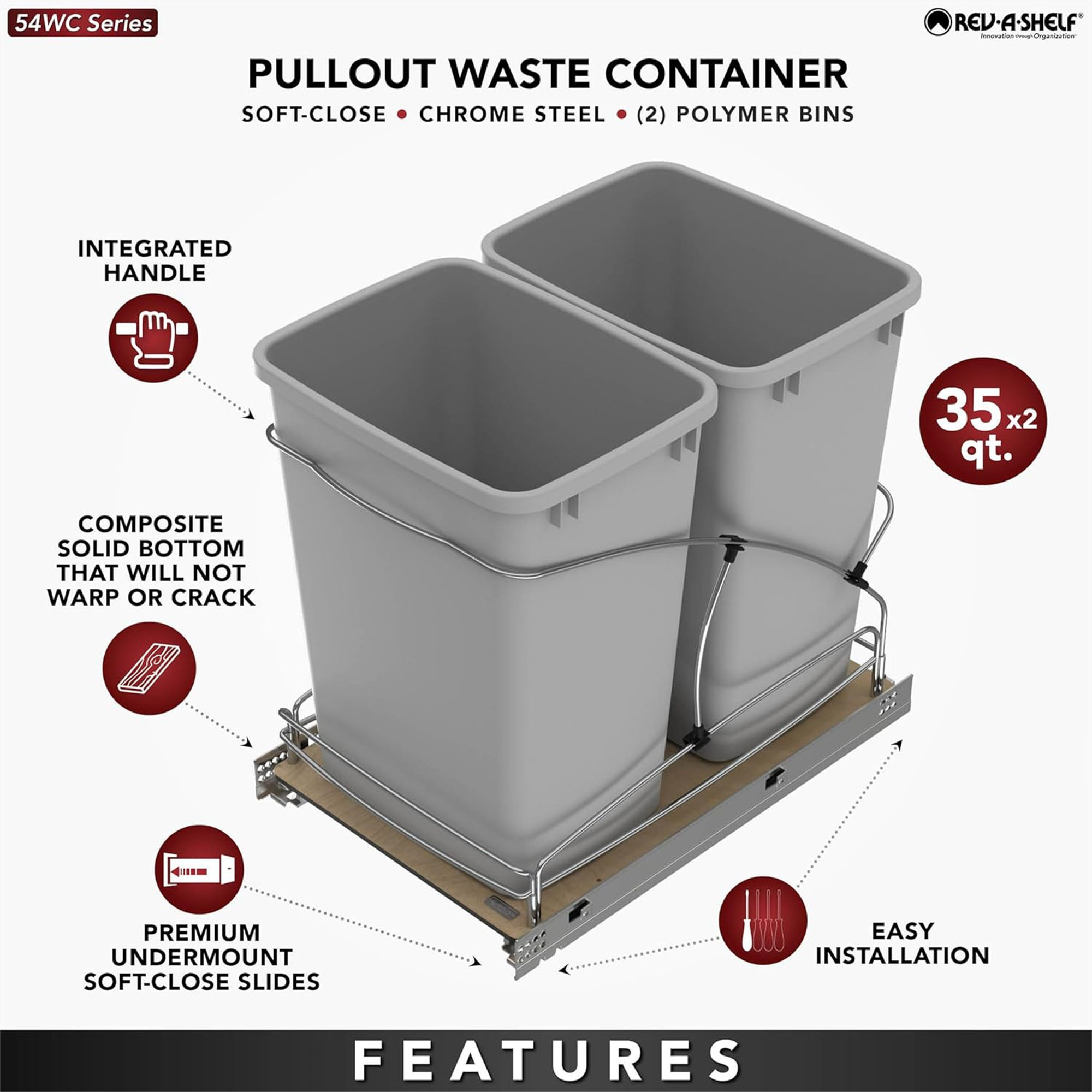 Cubiker 35 Quart / 8.75 Gallon Double Bottom Mount Kitchen Trash Can ...