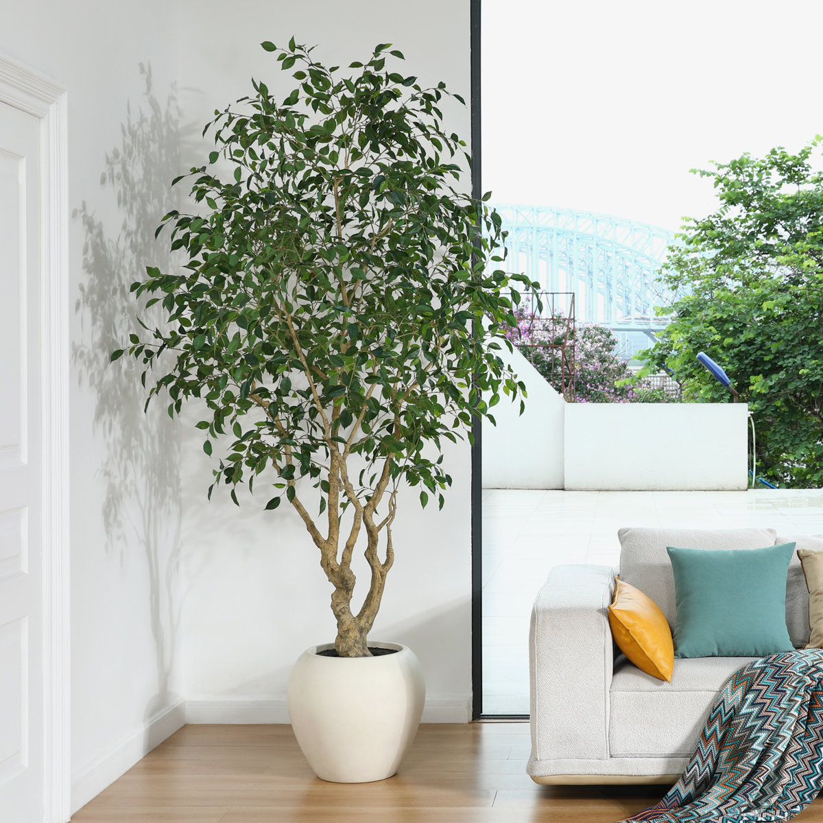 Primrue 8ft Artificial Ficus Tree with 18in White Planter, Tall Faux ...