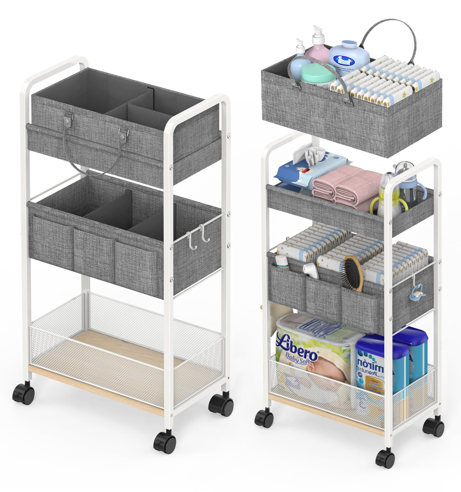 BOJUNTAN 2In1 Baby Diaper Caddy & 3-Tier Rolling Diaper Cart, Diaper ...