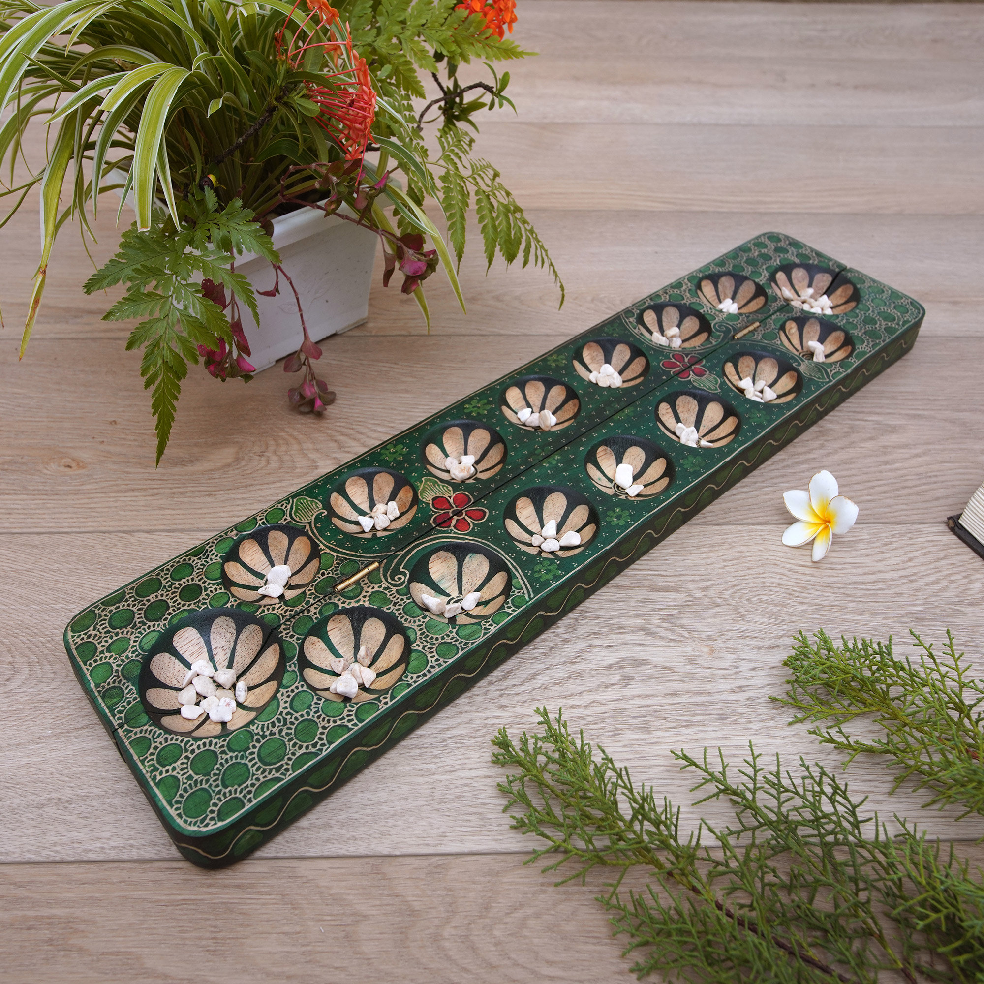 Bungalow Rose Handmade Spirited Game In Green Batik Wood Mancala Game ...