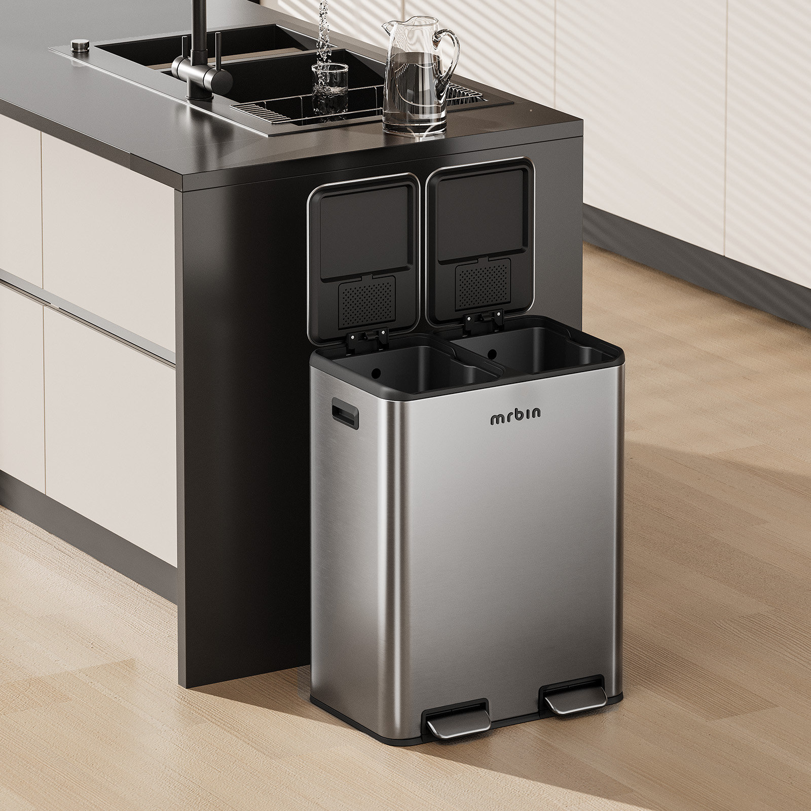 mrbin Dual Trash Can Recycling Bin Combo Stainless Steel, 60L / 16gal ...