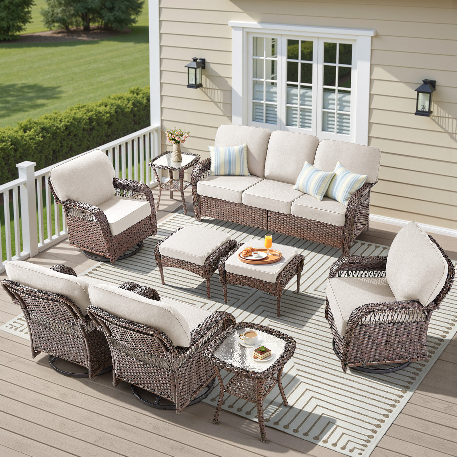 Lark Manor™ 9 Pieces Patio Furniture Set Swivel Chairs, Rattan 3 Seater ...