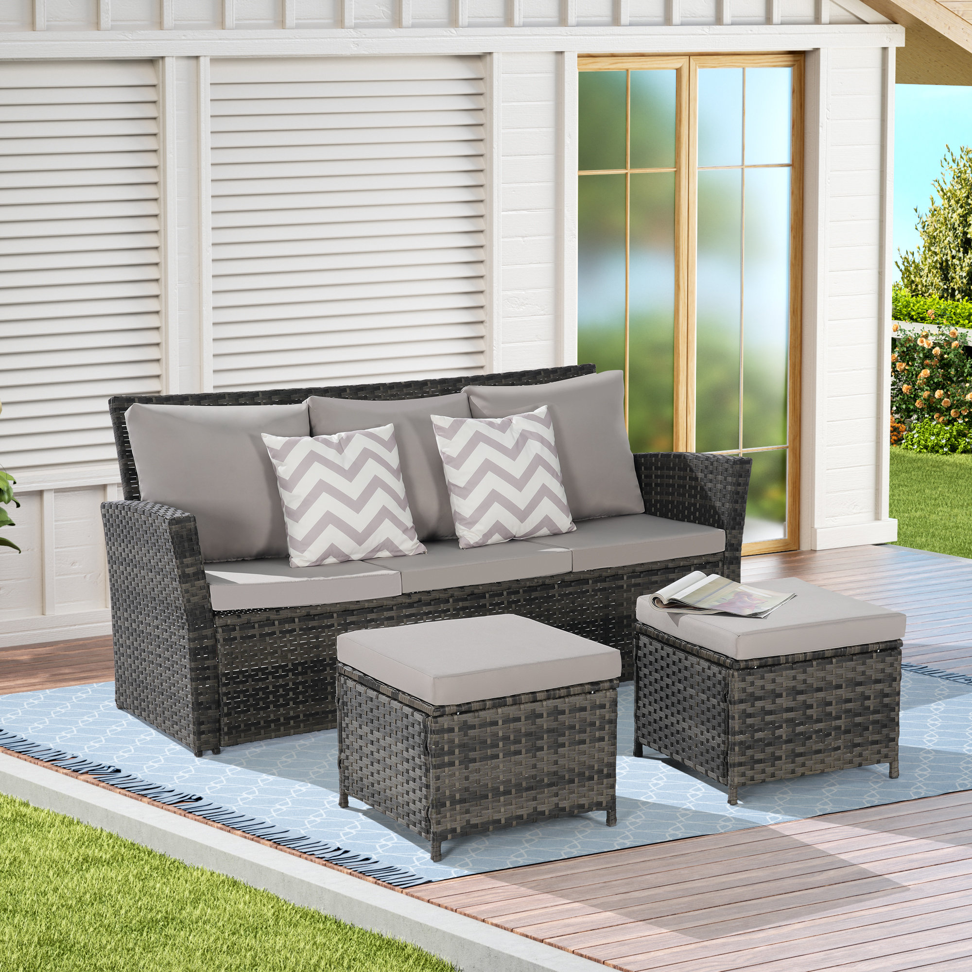 Dakota Fields Elegant 3 Piece Outdoor Wicker Rattan Patio Set - Weather ...