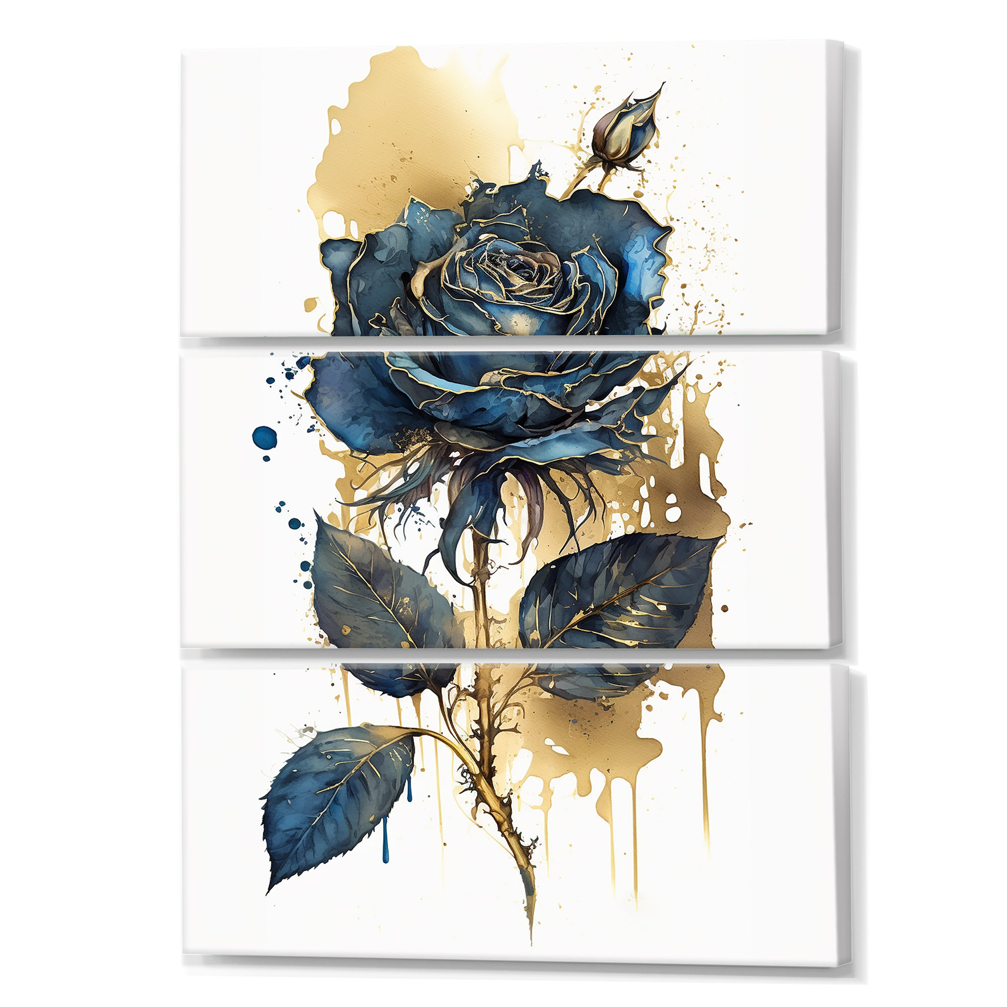 Design Art Blue And Gold Painted Rose On White II - Floral Rose Canvas ...