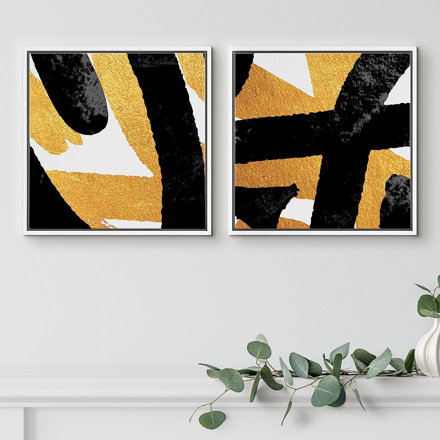 IDEA4WALL Black And Gold Brushstroke Array Framed On Canvas 2 Pieces ...