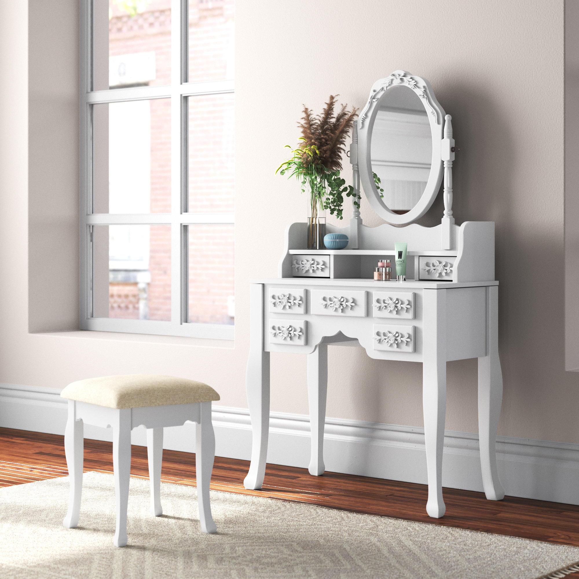 Laurel Foundry Modern Farmhouse® Tyner Vanity Set with Stool and Mirror ...