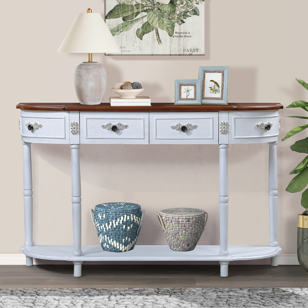 Canora Grey Retro Curved Wood Console Table, 52 Inch Circular Half Moon ...