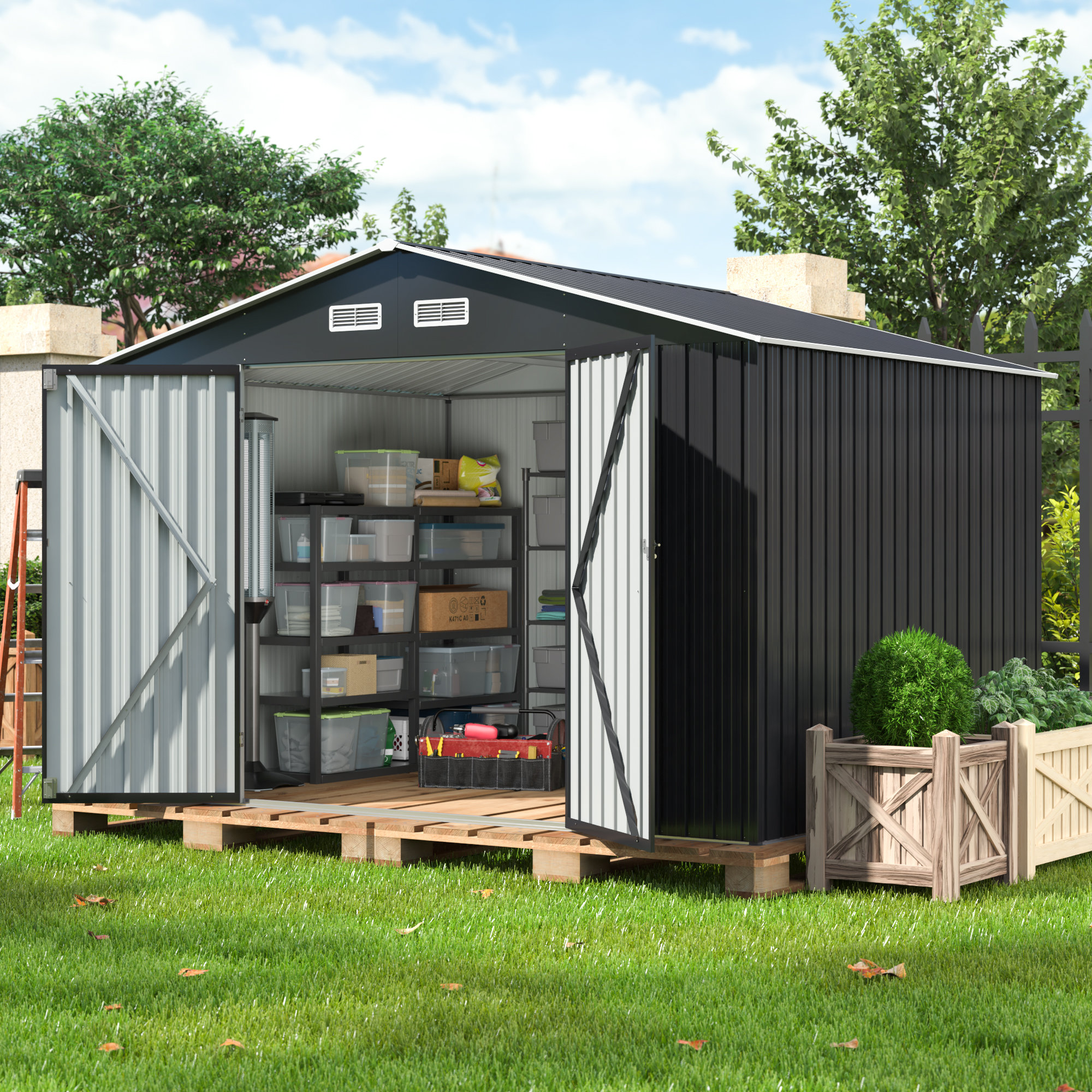 HOGYME 10 ft. W x 8 ft. D Metal Galvanized Traditional Storage Shed ...