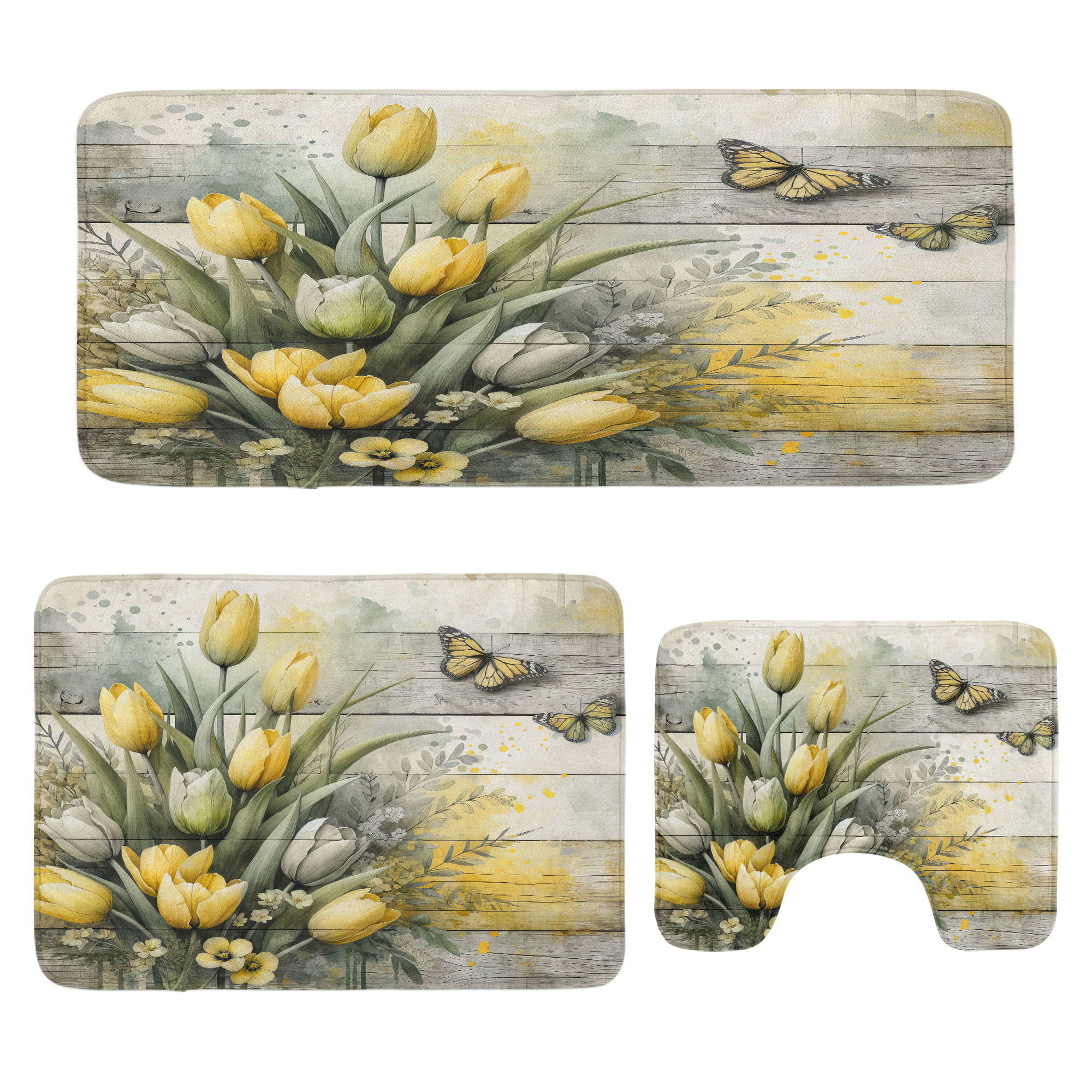 East Urban Home Yellow Bathroom Rug Set 3 Pieces U-Shape & Rectangle ...