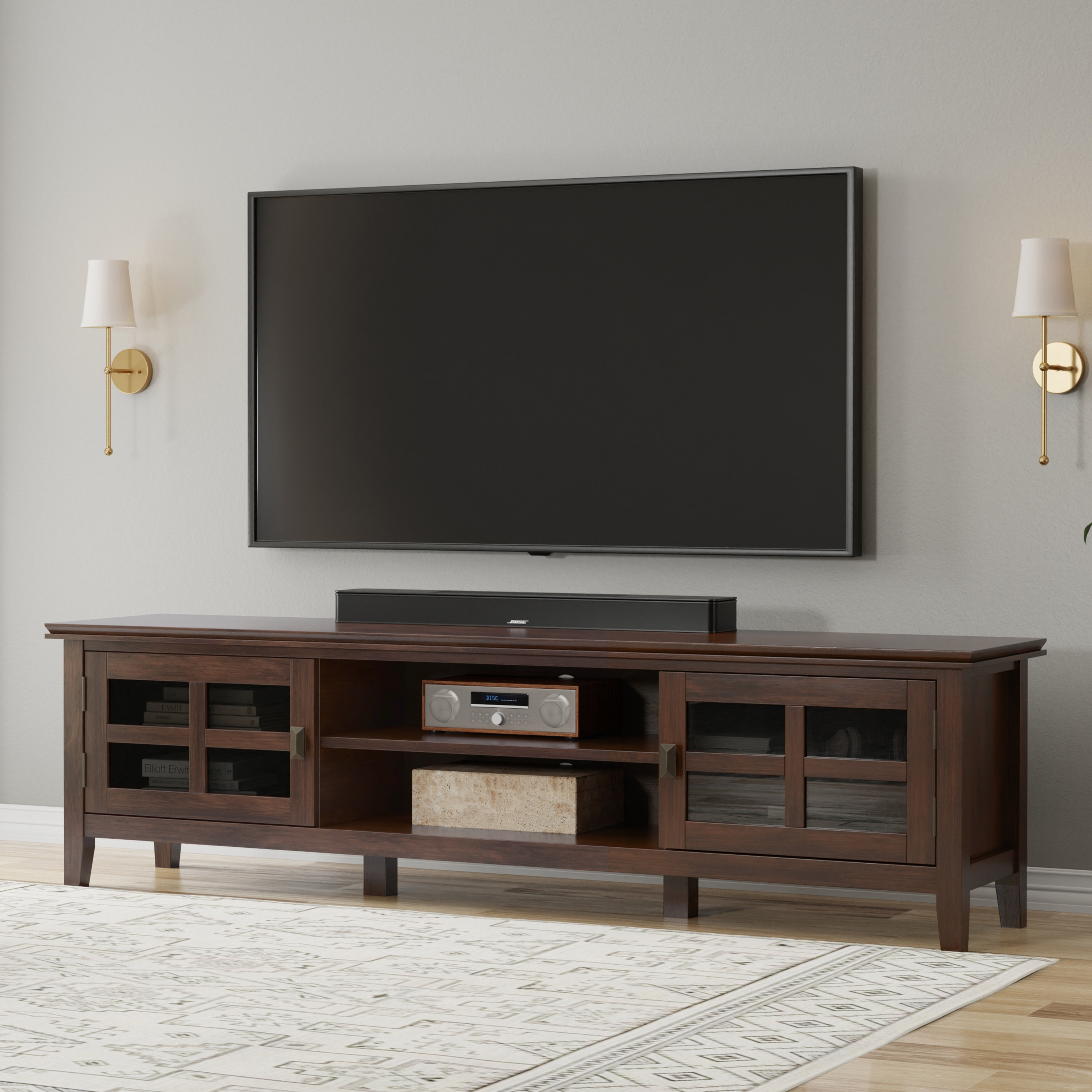 Simpli Home Artisan 72"W Solid Wood Low TV Stand for TVs up to 80" with ...