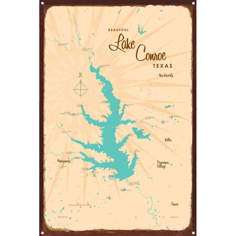Breakwater Bay Lake Conroe Map Rustic Metal Art Print - by Lakebound ...