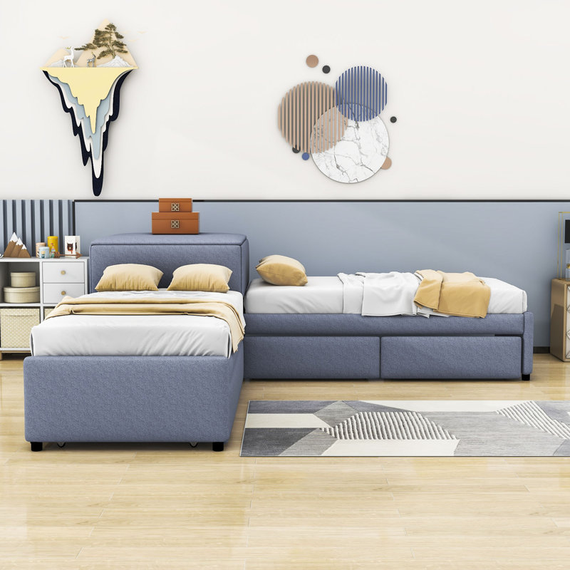 Latitude Run® Twin Size 2 Drawers Upholstered L-shaped Platform Beds ...