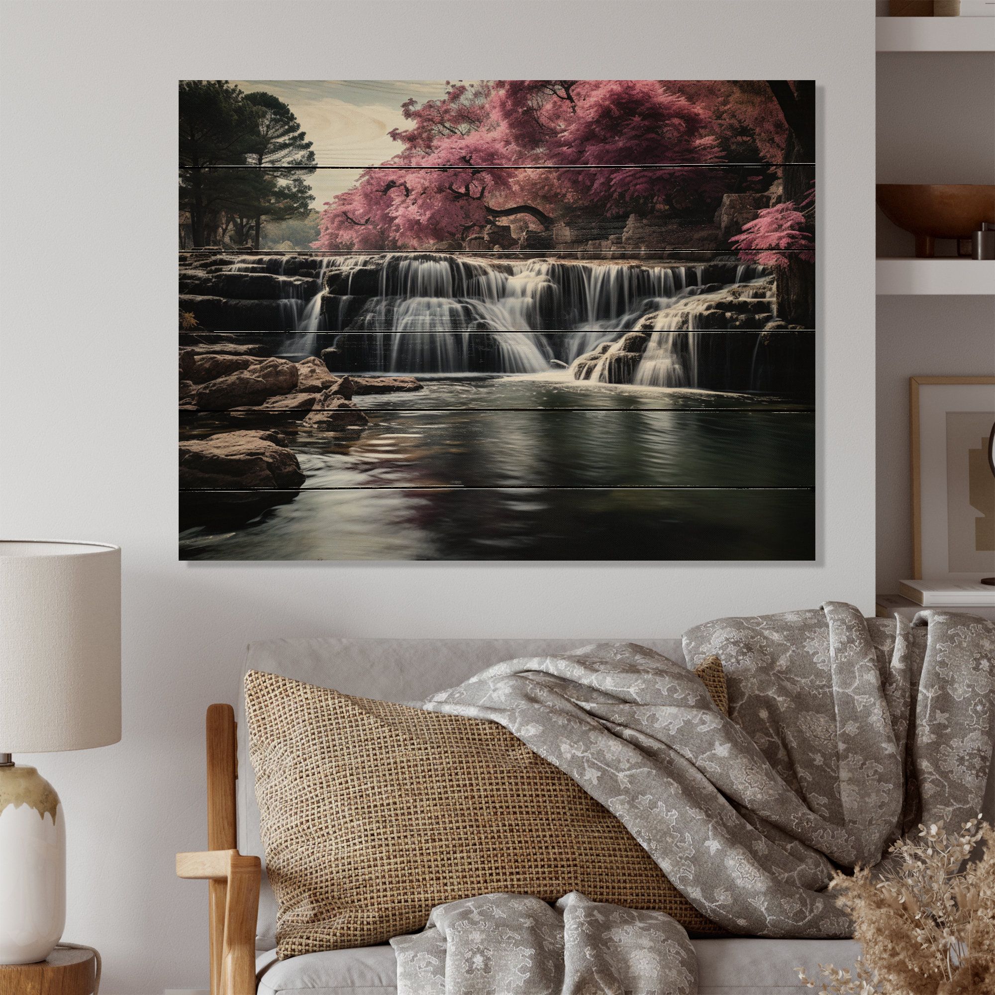 Millwood Pines Bouey Waterfall Muted Splendor On Wood Print | Wayfair