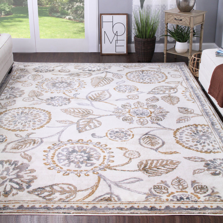 Bungalow Rose Modern Floral Indoor Farmhouse Area Rug Gray/Beige | Wayfair