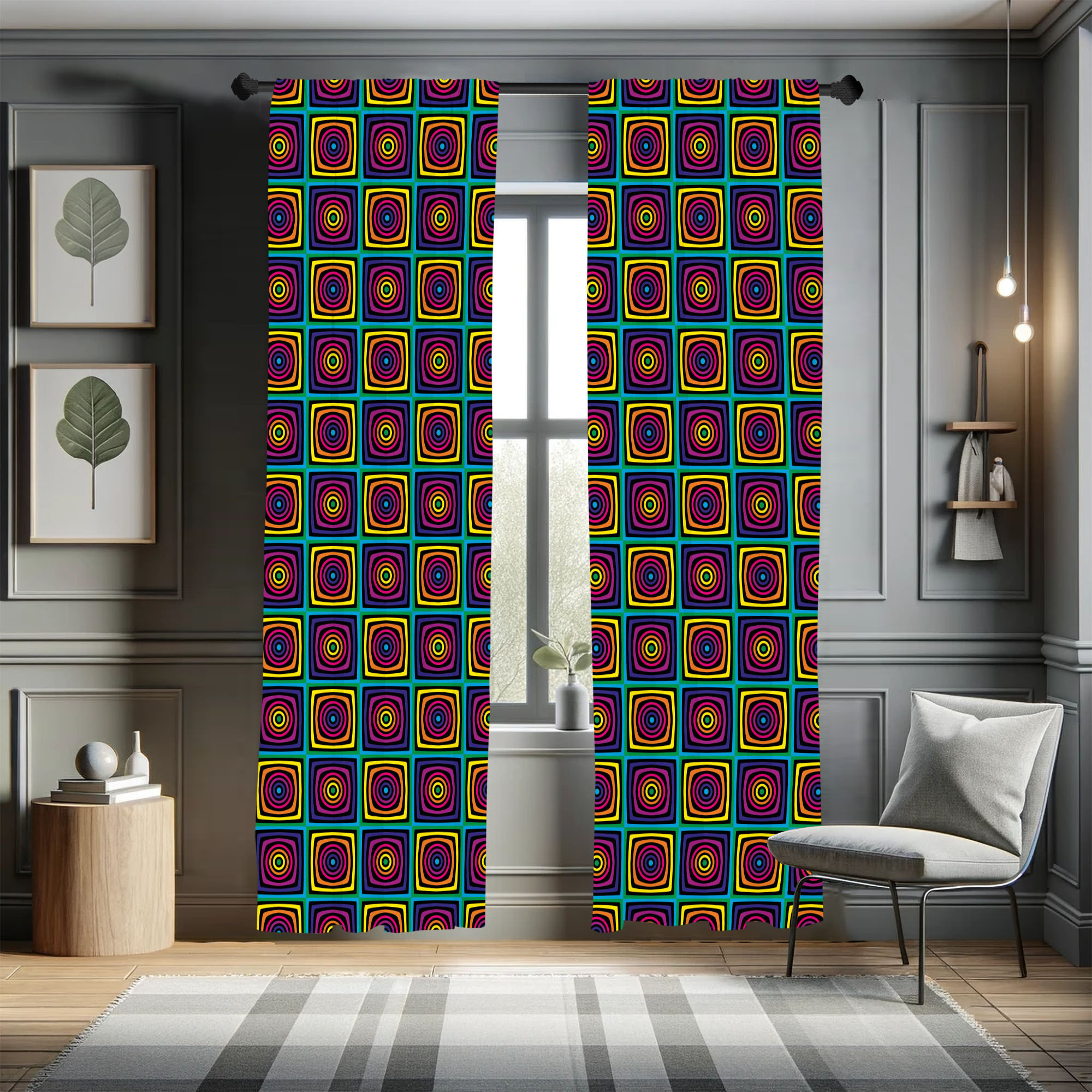 Wrought Studio™ Abstract Curtains, Nested Square and Circles, Pair of ...