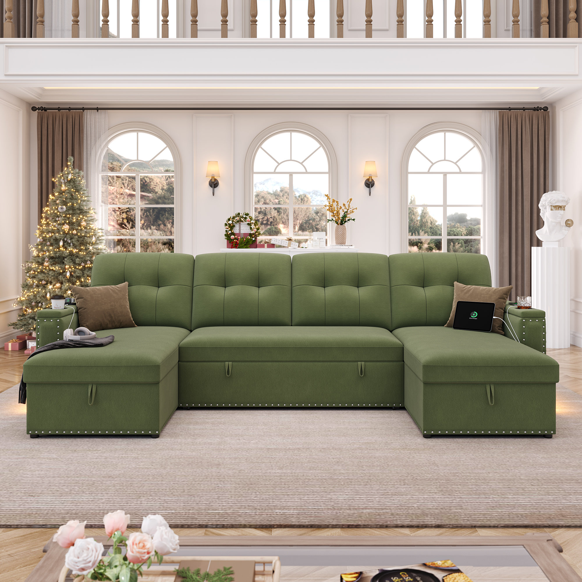 Wrought Studio™ 110'' U-Shaped Sectional Sofa Bed, Pull Out Sleeper ...