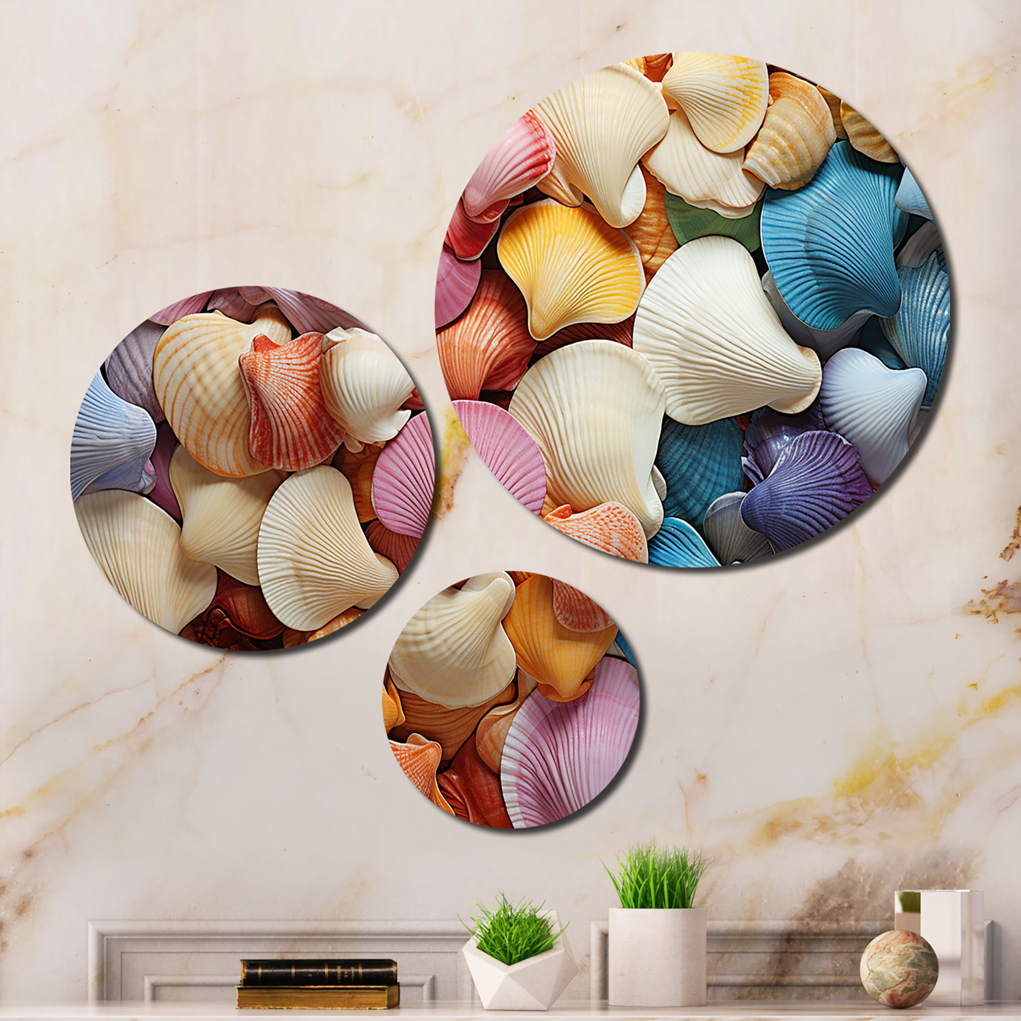 Design Art 3 Colorful Pointillist Seashells I Wall Decor Set Metal ...