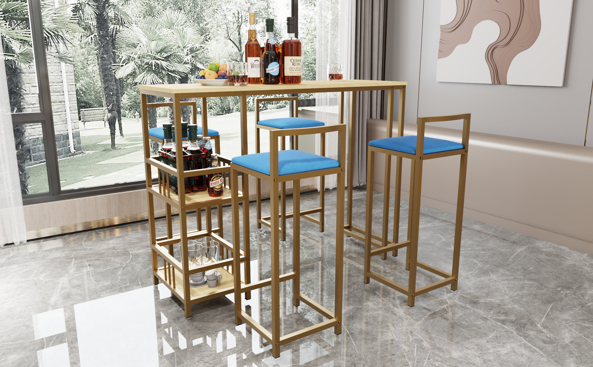 Mercer41 Bar table and chair five piece set, gold frame, multi-layer ...