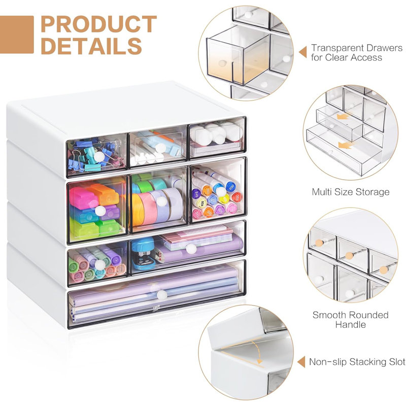 Rebrilliant 4-tier Desk Organizer 9-drawer Stackable Storage Box White ...