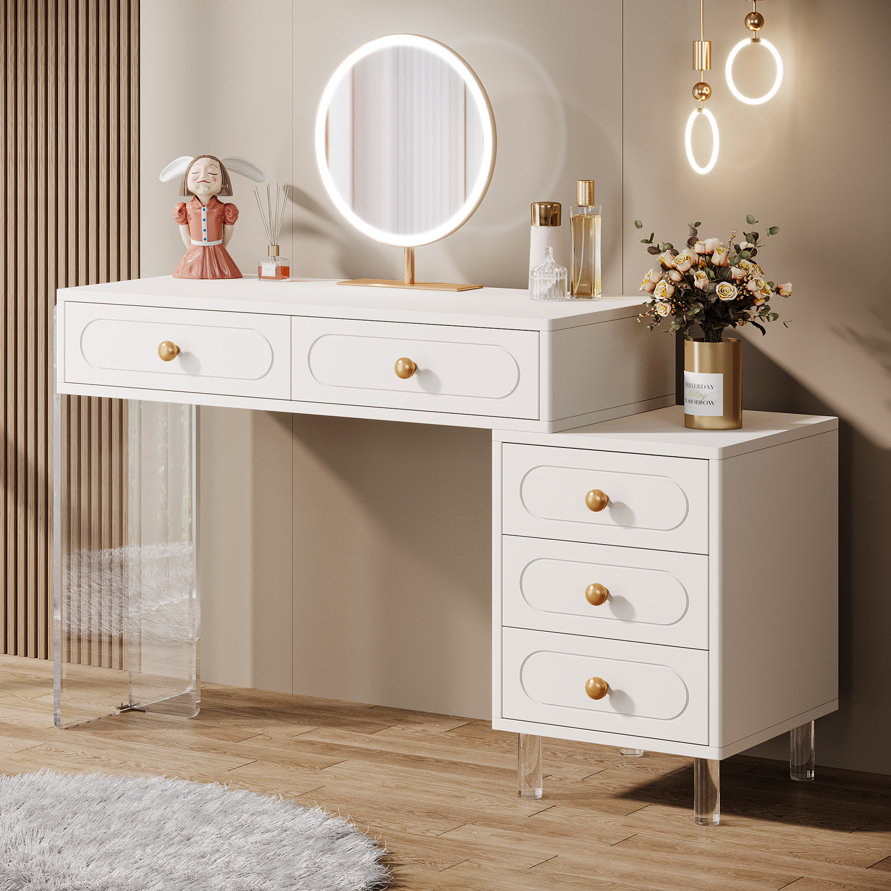 Red Barrel Studio® Modern White Vanity Desk with 5 Drawers (Only Table ...