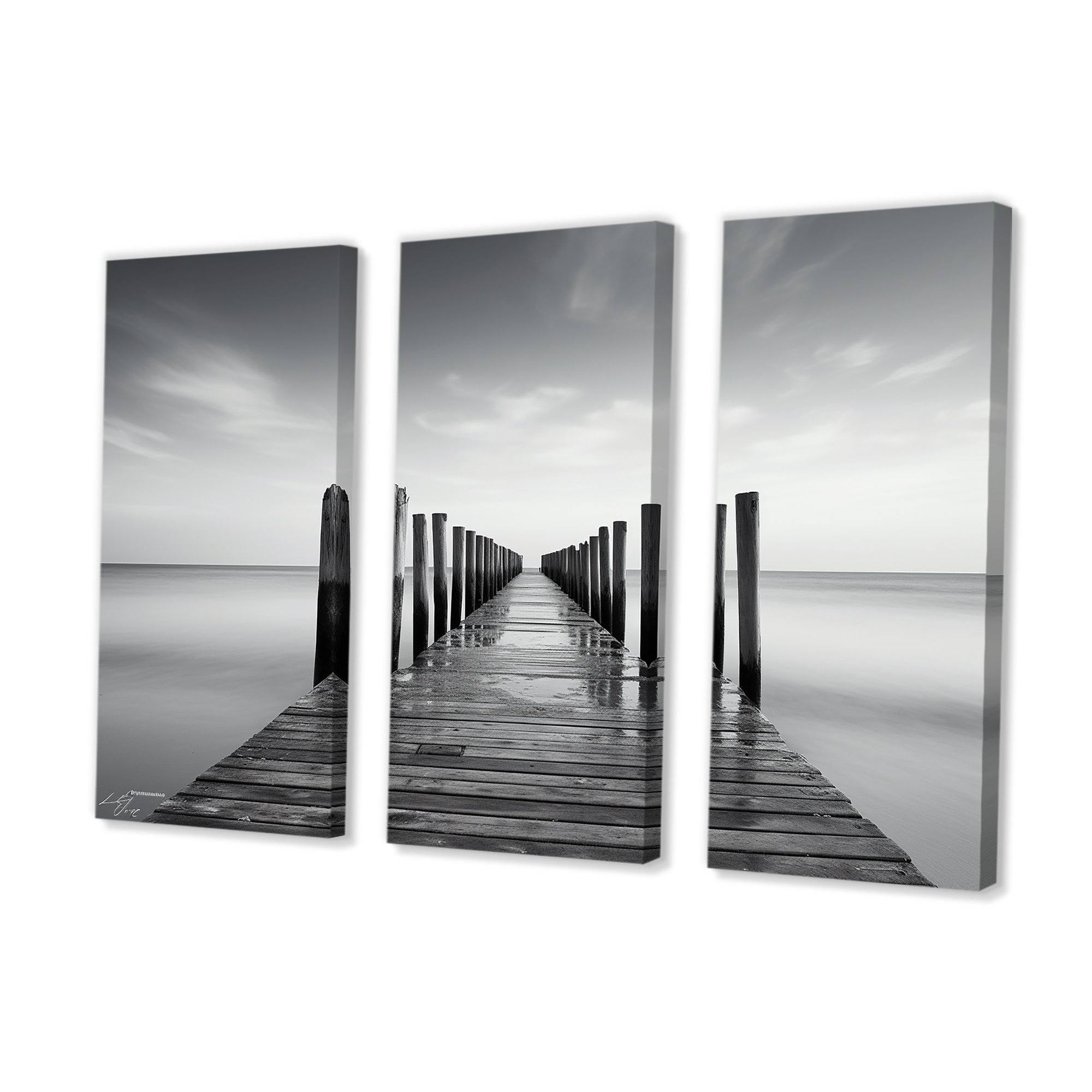 Design Art Black And White Pier Horizon I - Coastal Pier Canvas Wall ...