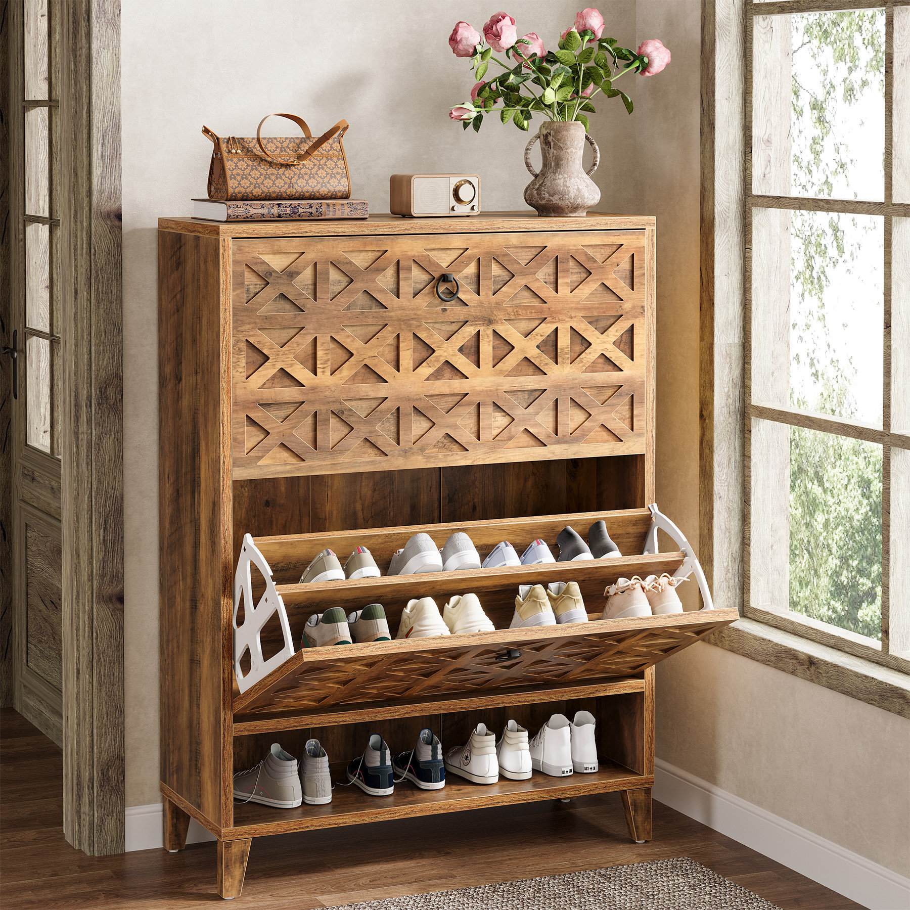 Loon Peak® 20 Pair Shoe Cabinet with 2 Flip Drawers, Entryway Shoe ...