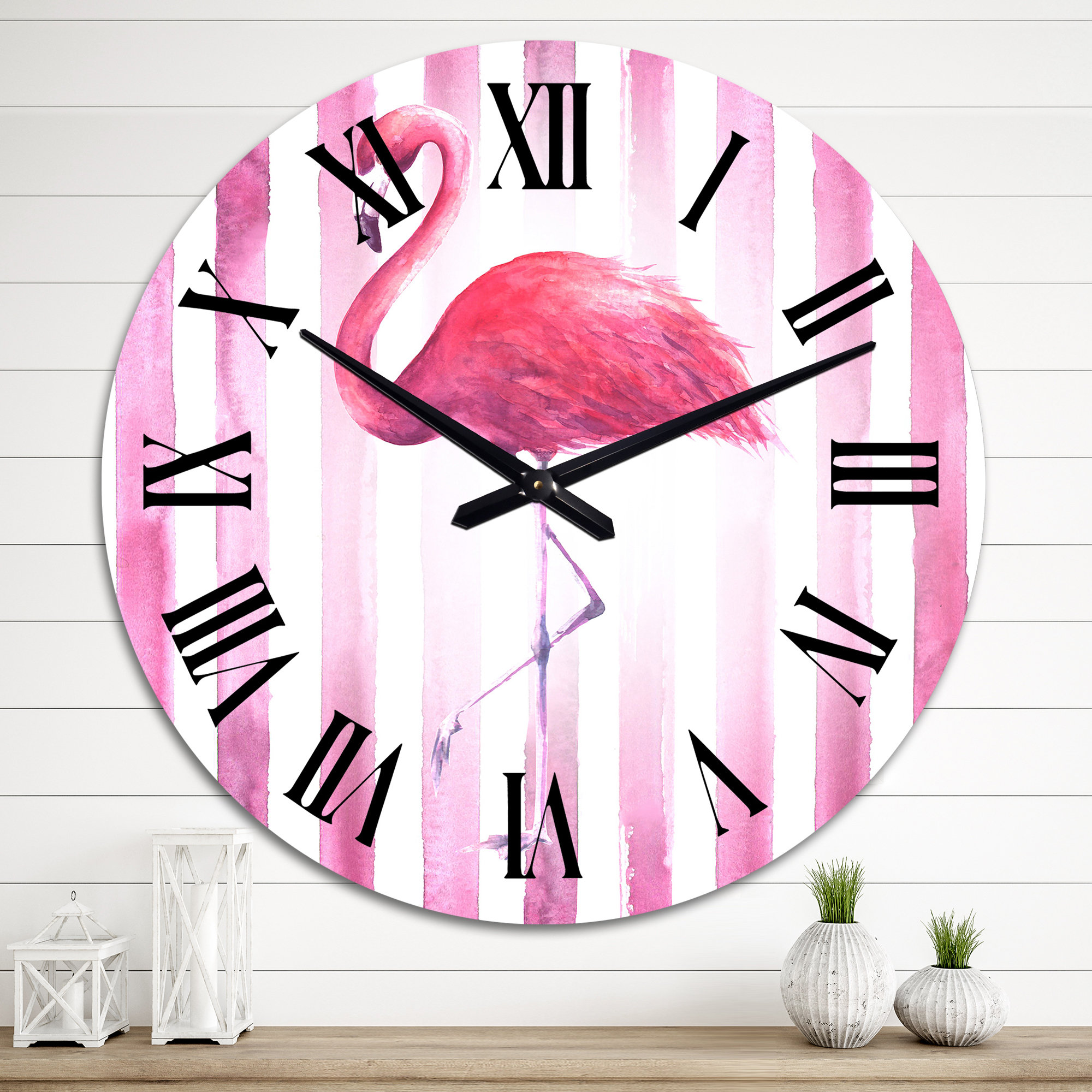 East Urban Home Pink Flamingo on Pink Stripes - Traditional Wall Clock ...