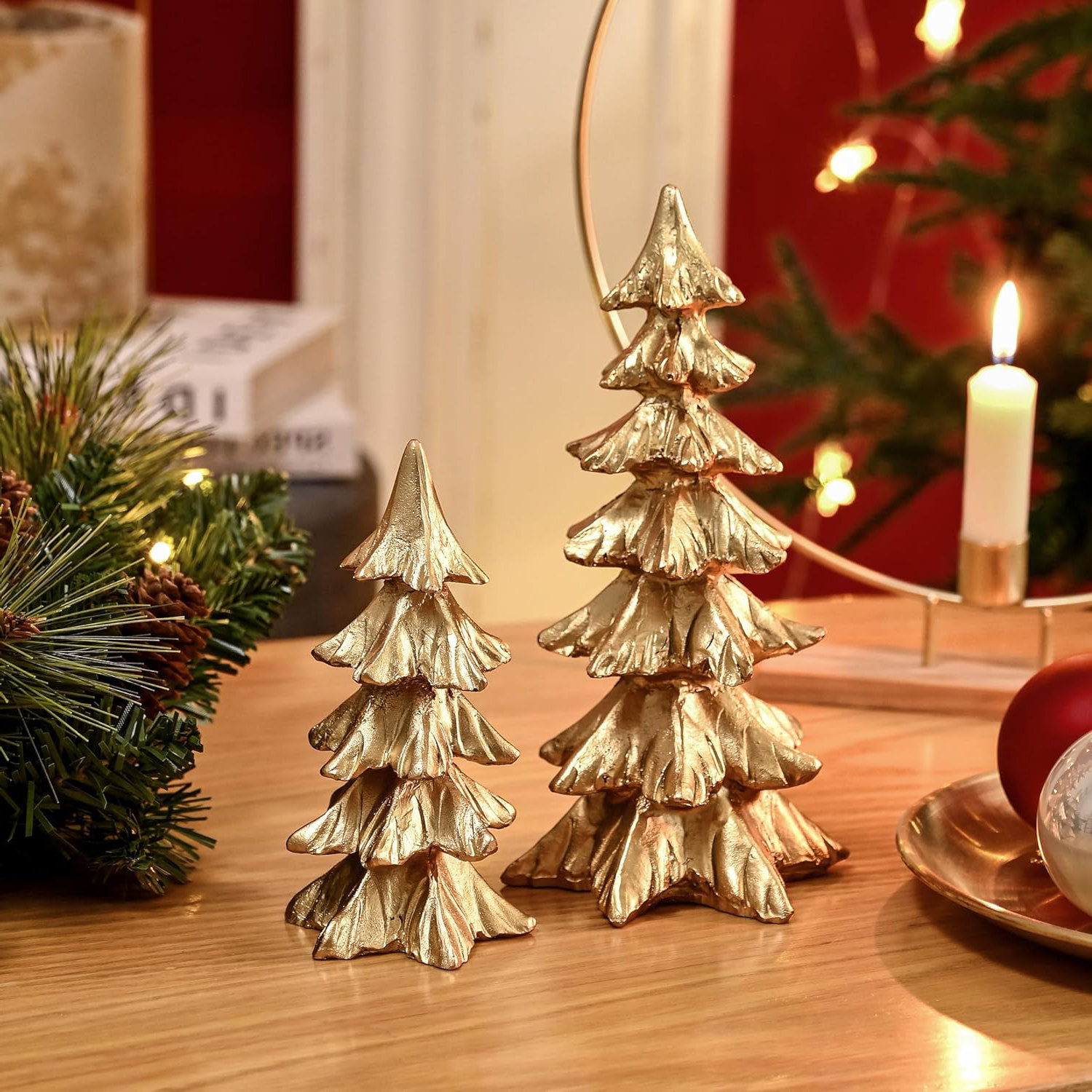 The Holiday Aisle® Set of 2 Gold Christmas Tree Figurines Decorative ...