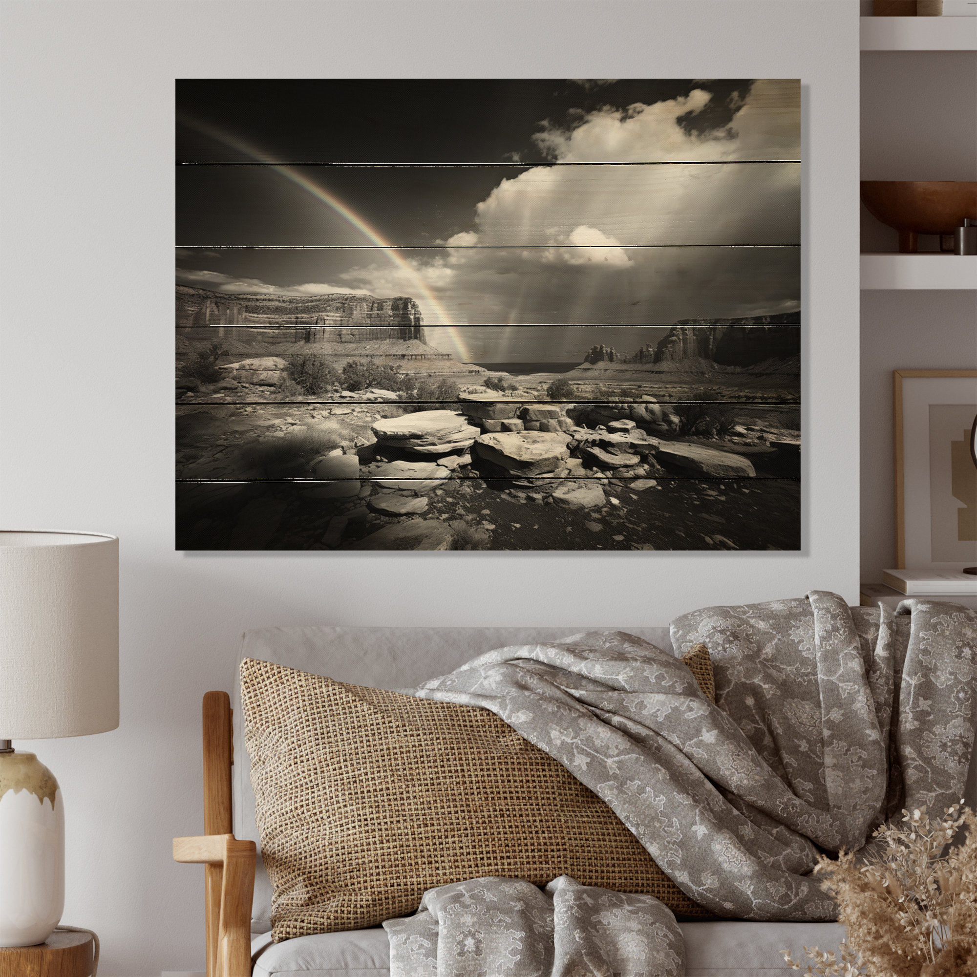 Foundry Select Monochrome Rainbow Prism Landscape On Wood Print | Wayfair