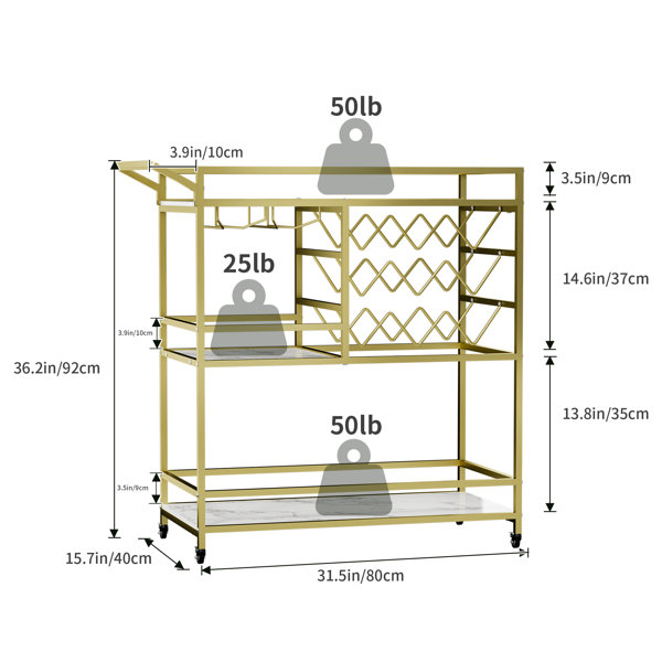 Mercer41 Mirvjena 3-Tier Metal Bar Cart with Wine Rack and Glass ...
