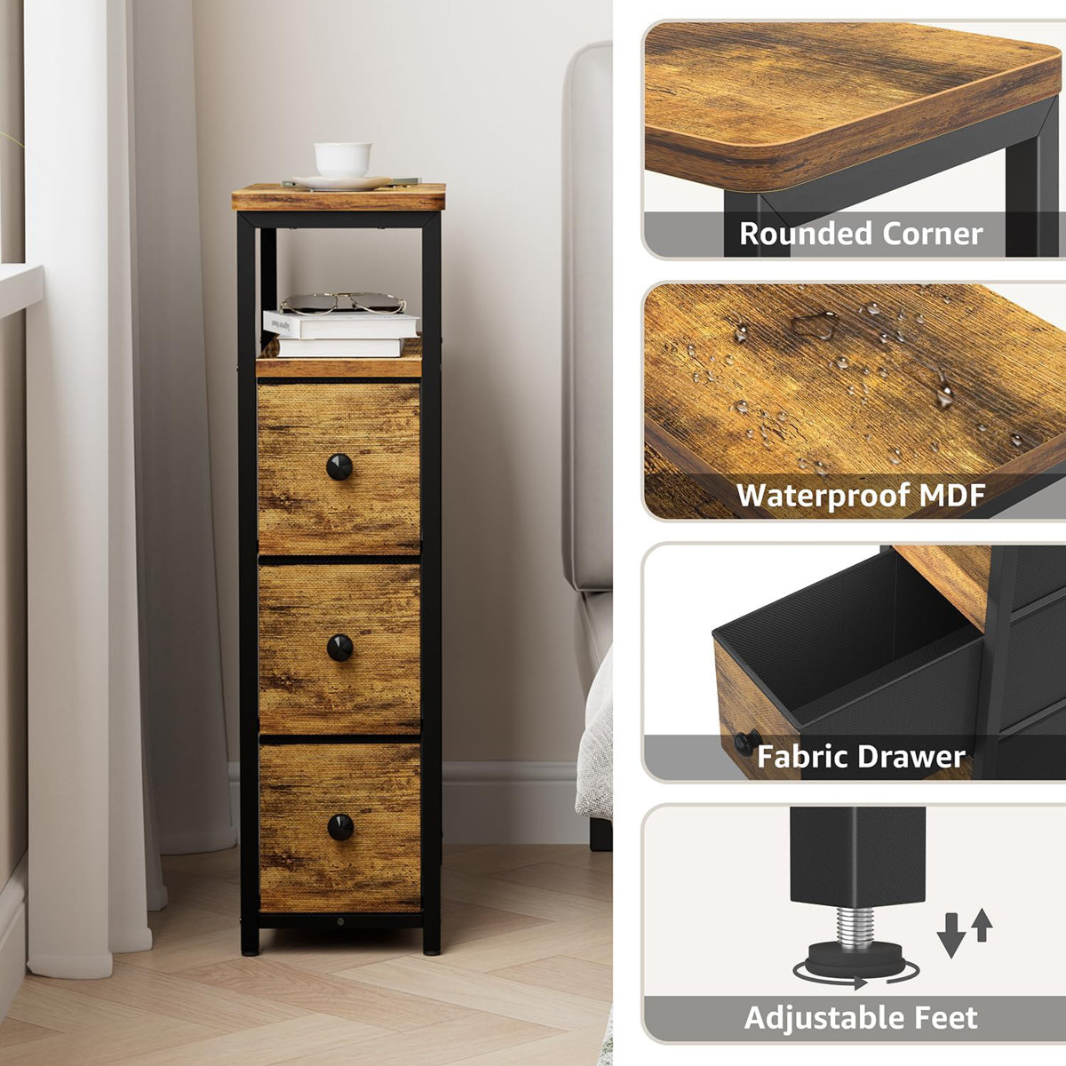 17 Stories Night Stand Set 2 - Skinny Nightstands With Drawers Slim ...