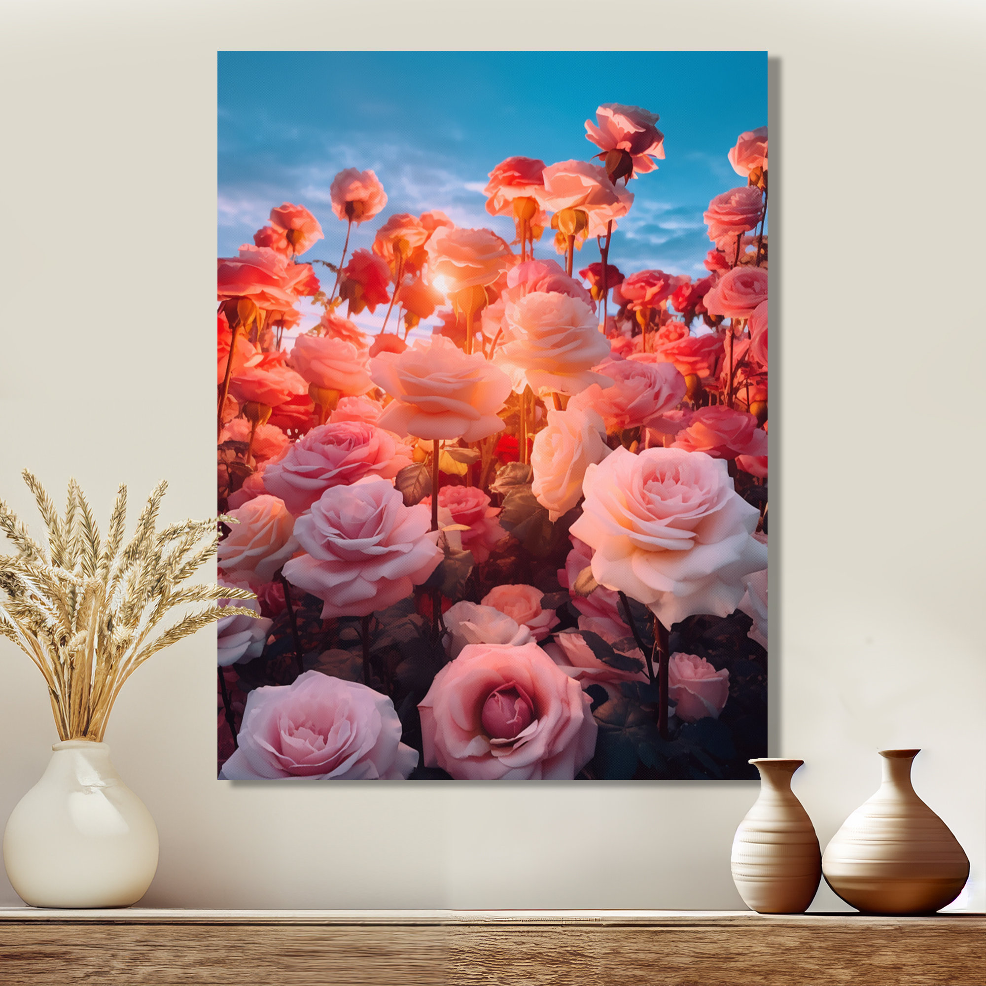Winston Porter Pink Rose Field Sunset Blue - Roses Wall Art Decor | Wayfair