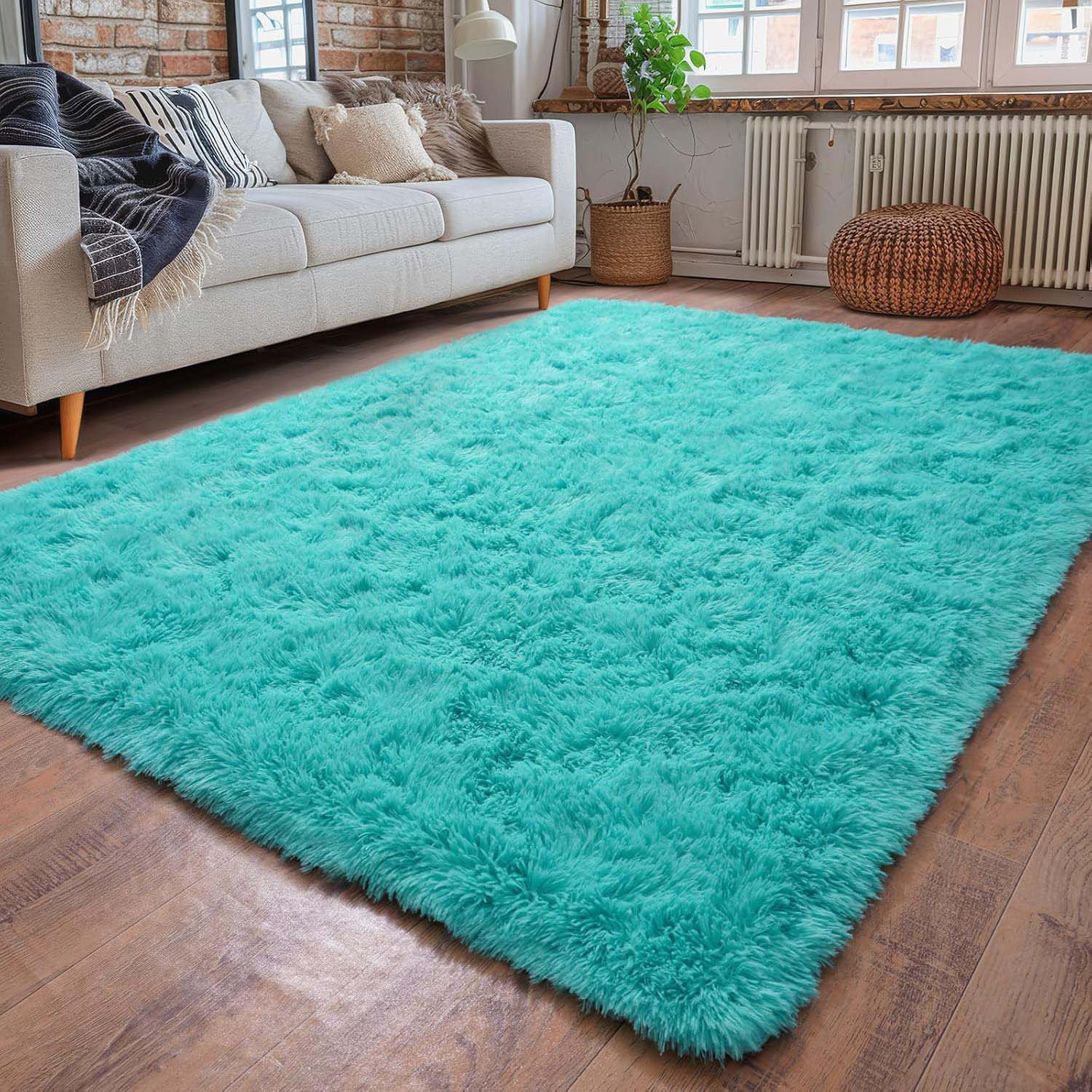 WINUAL Super Fluffy Area Rug For Bedroom, Modern Shag Teal Blue Area ...