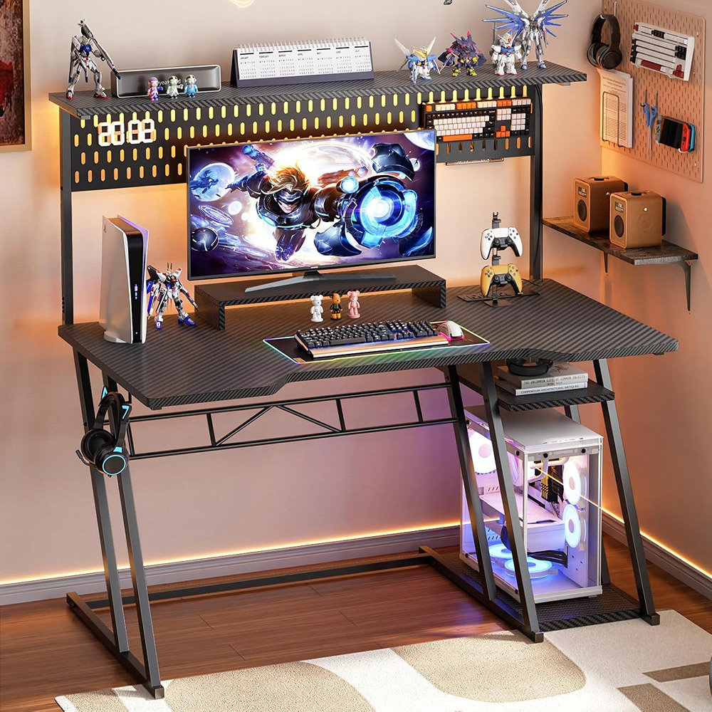 Inbox Zero Gaming Computer Desk With Shelves And Outlets, Gaming Desk ...
