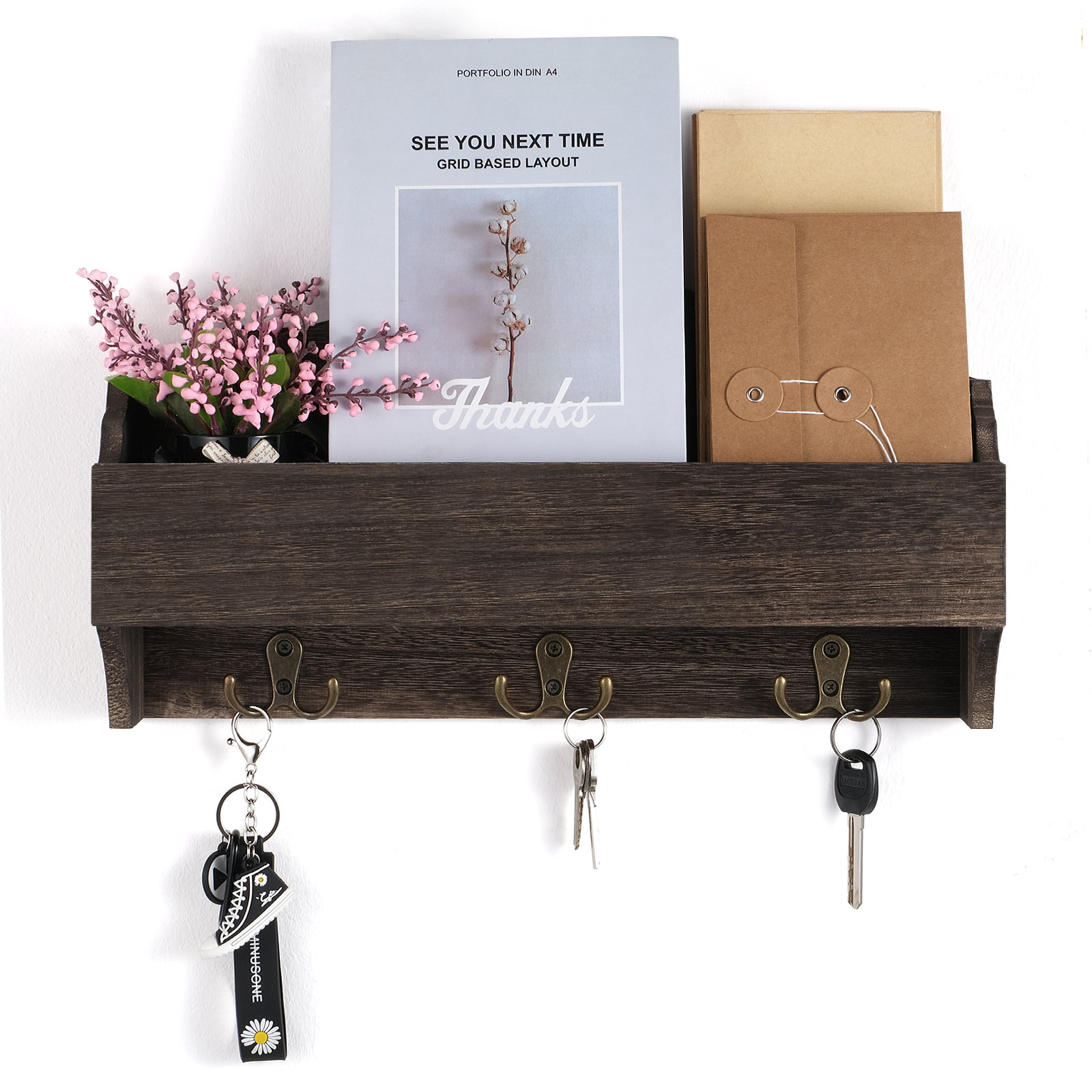 Canora Grey Wall-Mounted Wooden Key Rack With 3 Double Key Hooks ...
