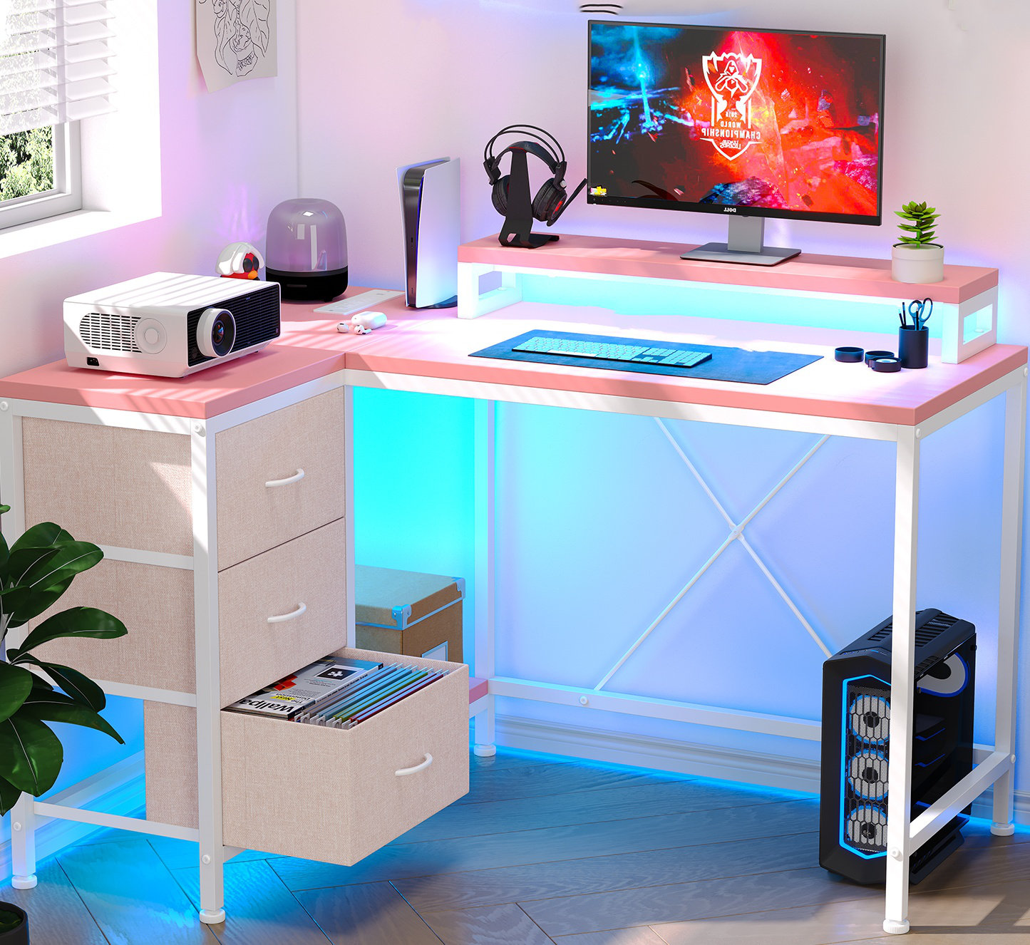 Ebern Designs L-shaped Desk With Power Outlets & Led Lights – Pink ...
