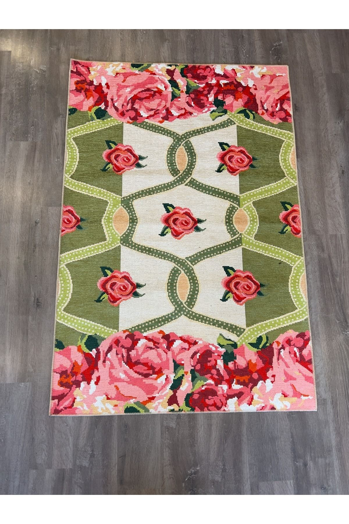 Hokku Designs Green Theme Rose Pattern Floret Machine Washable Rug ...
