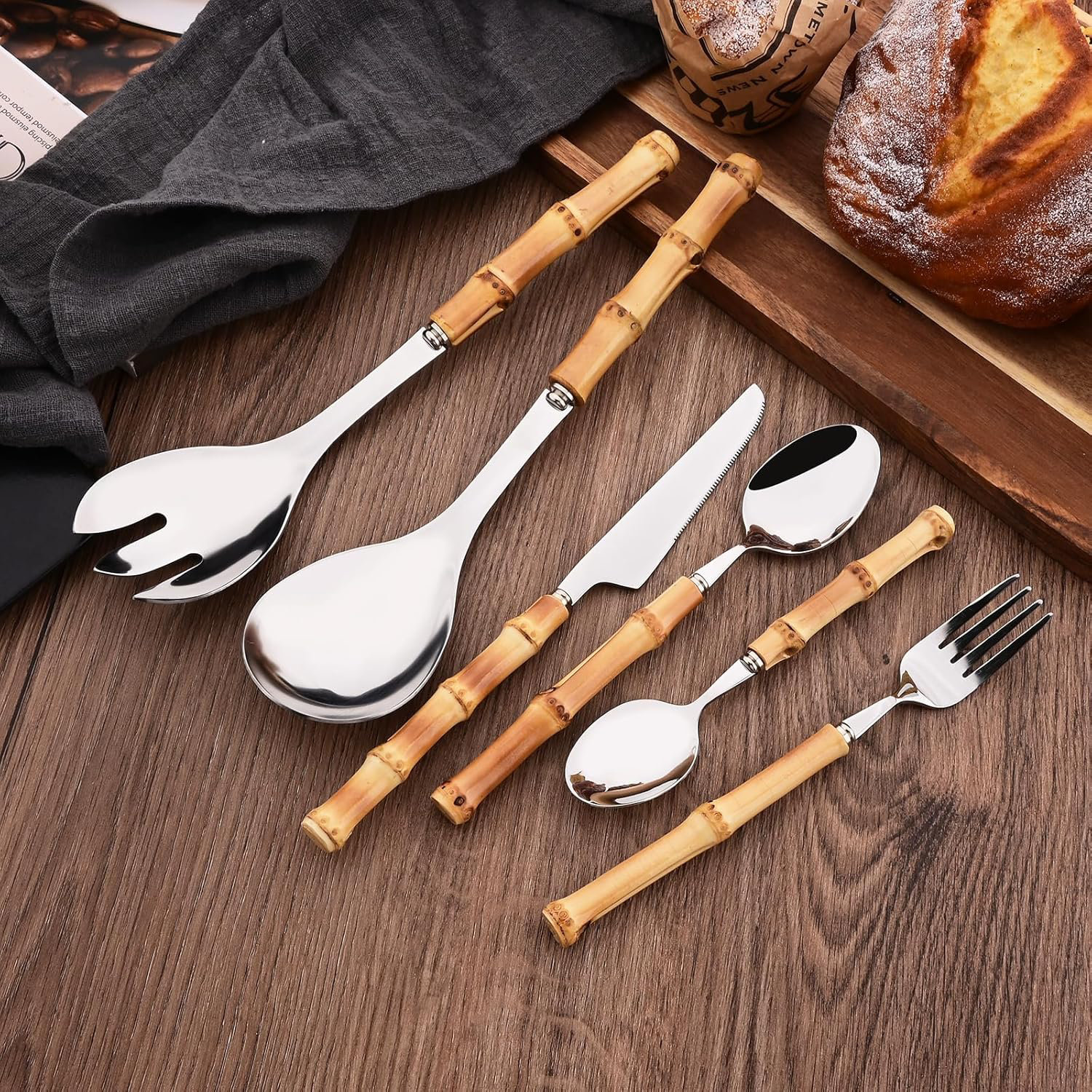 Artmeer 24-Piece Bamboo Handle Silverware Set - 18/8 Stainless Steel ...
