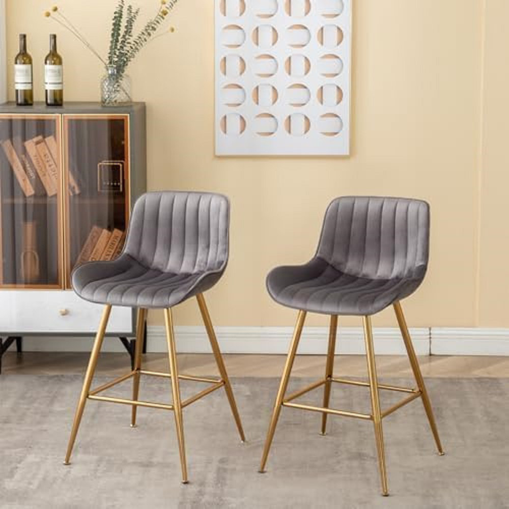Mercer41 Modern Bar Stools Set Of 2, Gray Velvet Bar Stools With ...