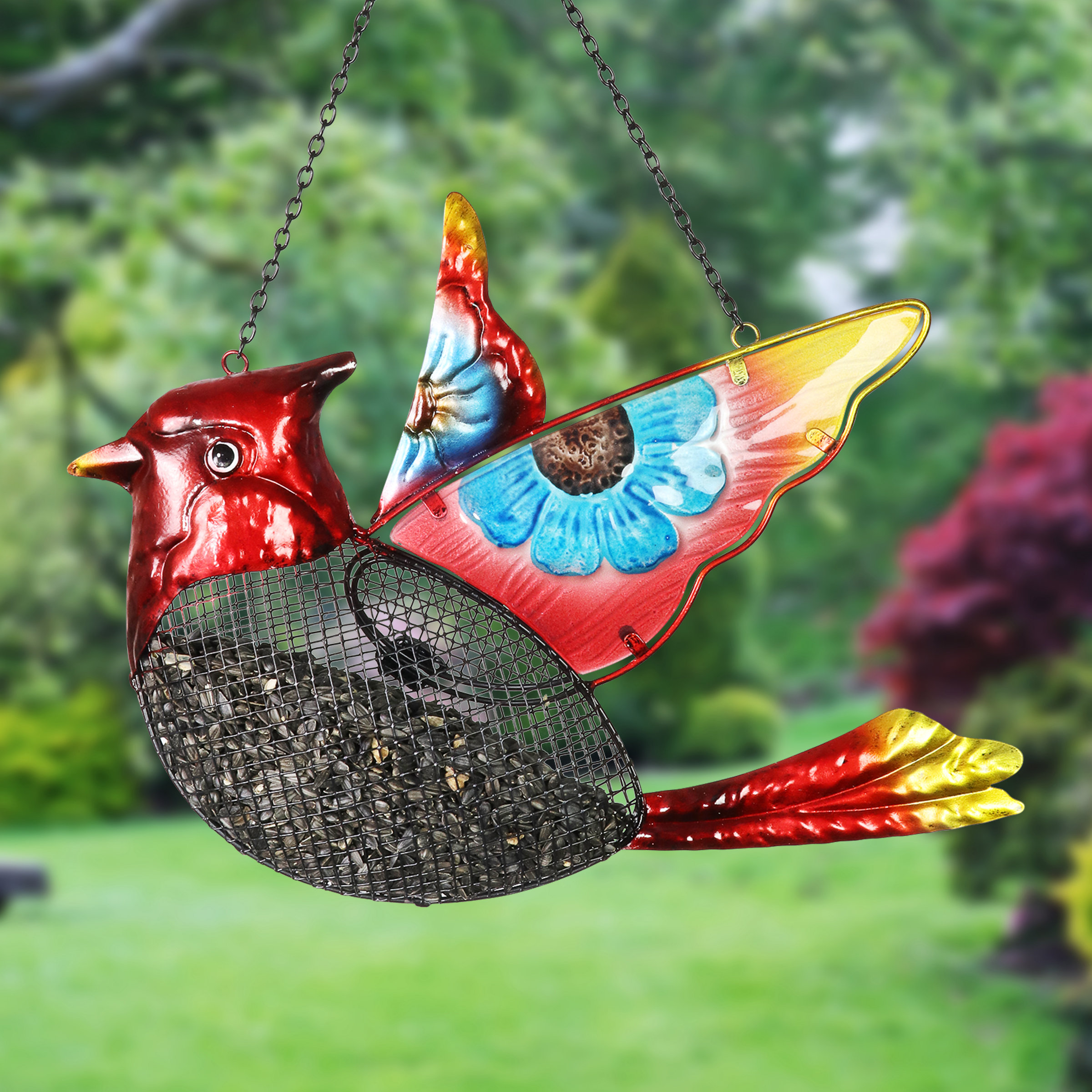Exhart Cardinal Bird Feeder With Metal Mesh Seed Basket, 15 by 18 ...