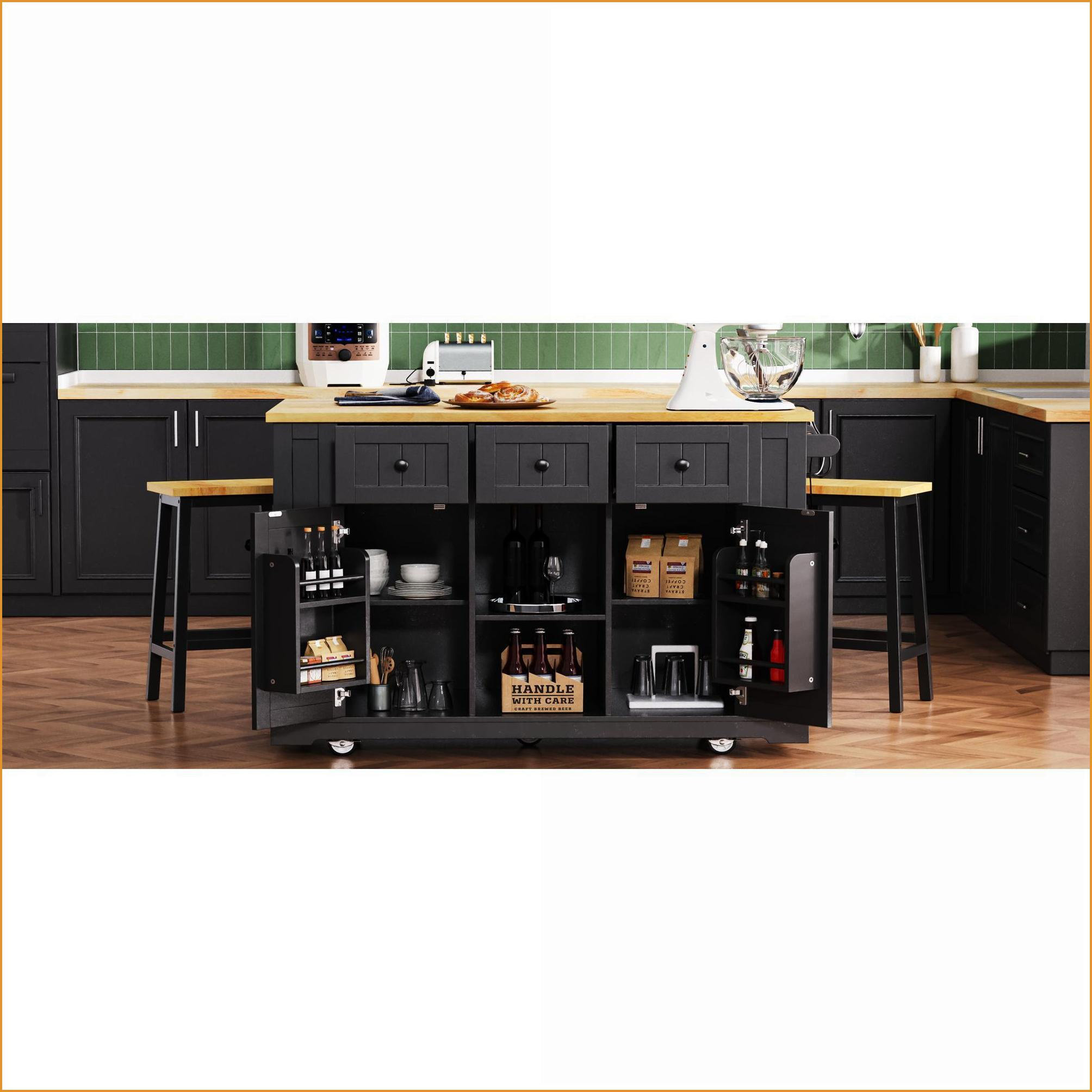 Latitude Run® Kitchen Island, 53-Inch with Drop Leaf, Power Outlet ...